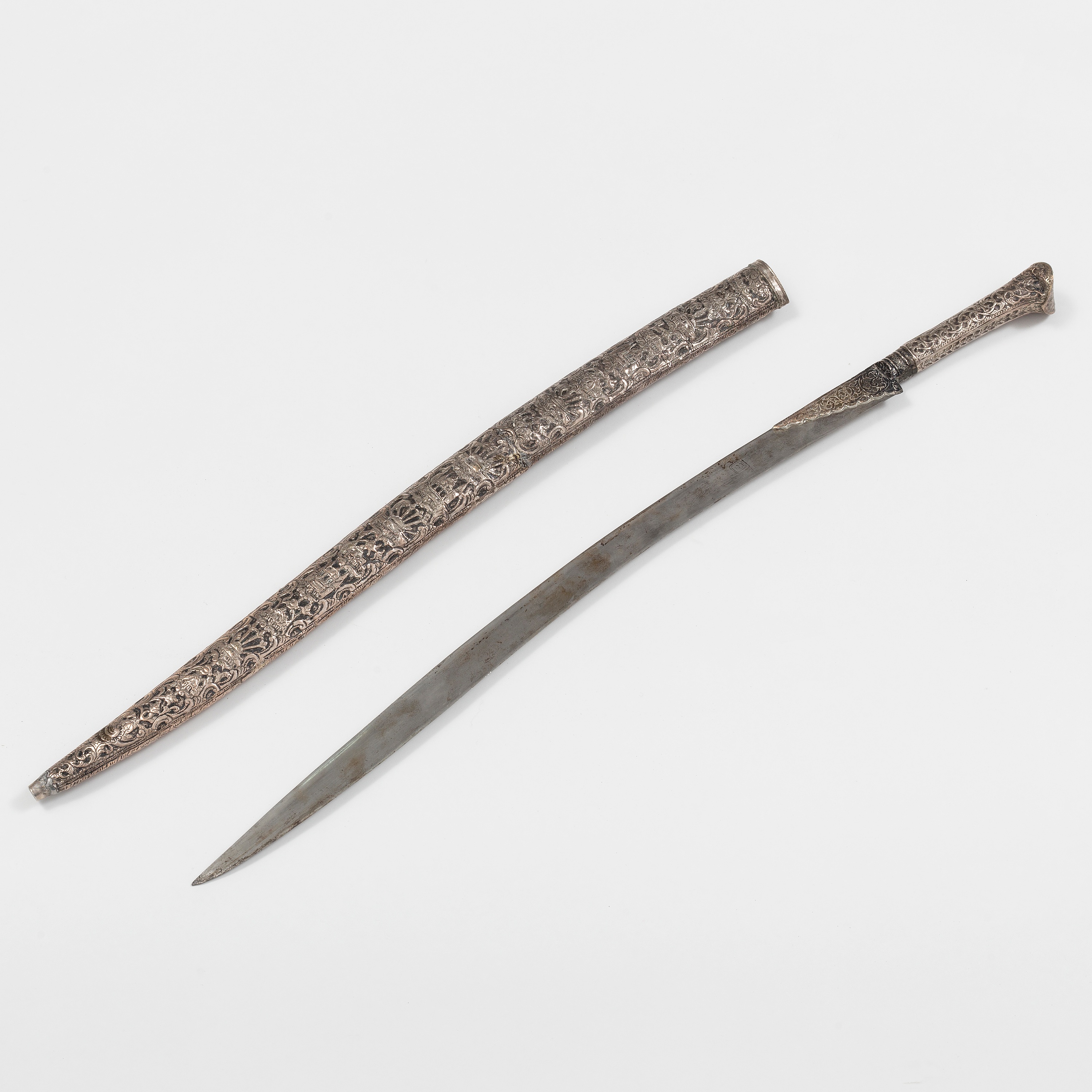 A 20th century Ottoman Yataghan with silver gilt handle and scabbard ...