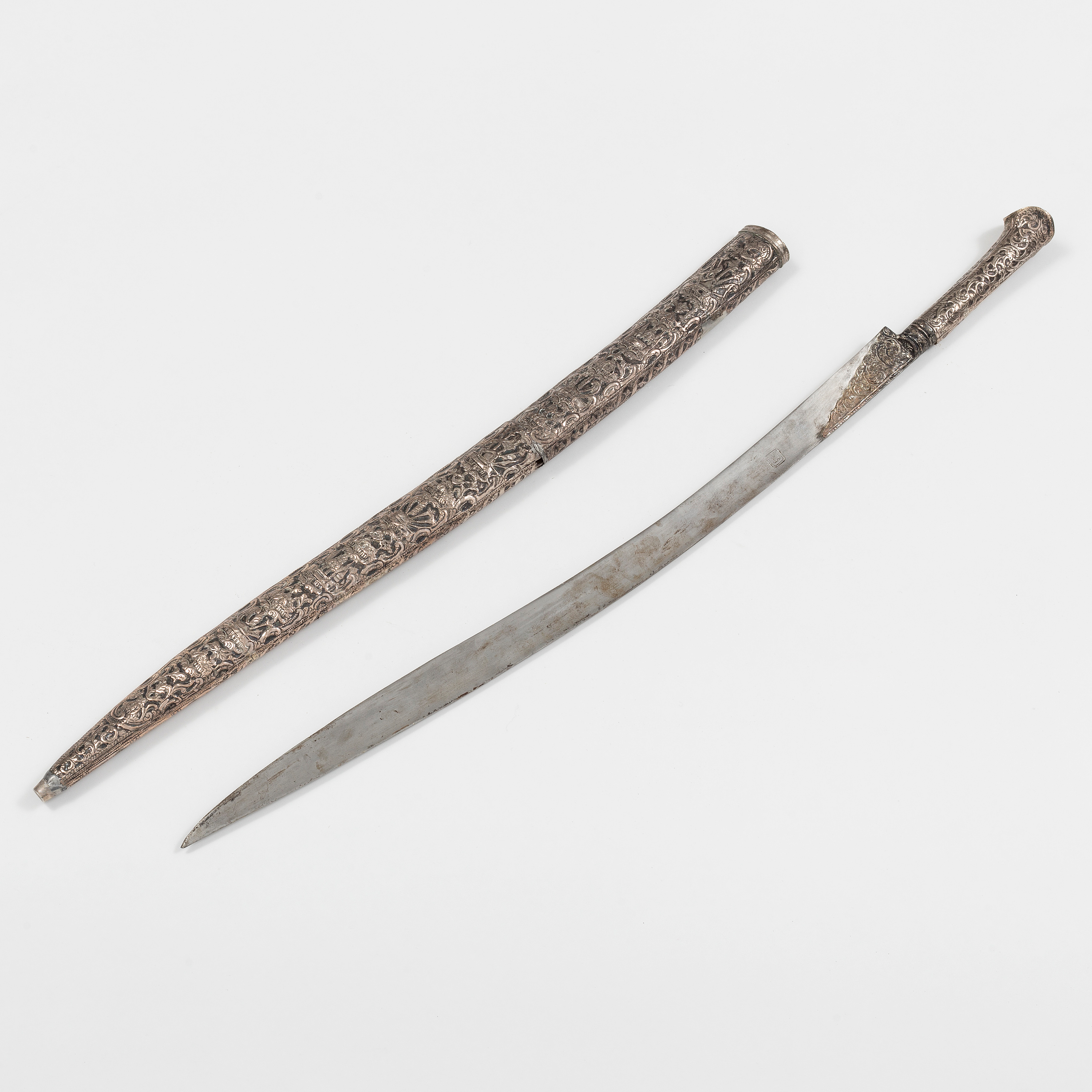 A 20th century Ottoman Yataghan with silver gilt handle and scabbard ...