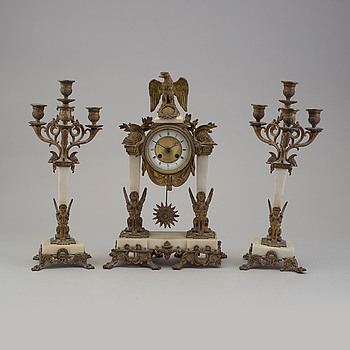 A THREE PIECE CLOCK GARNITURE, alabaster and spelter, second half of ...