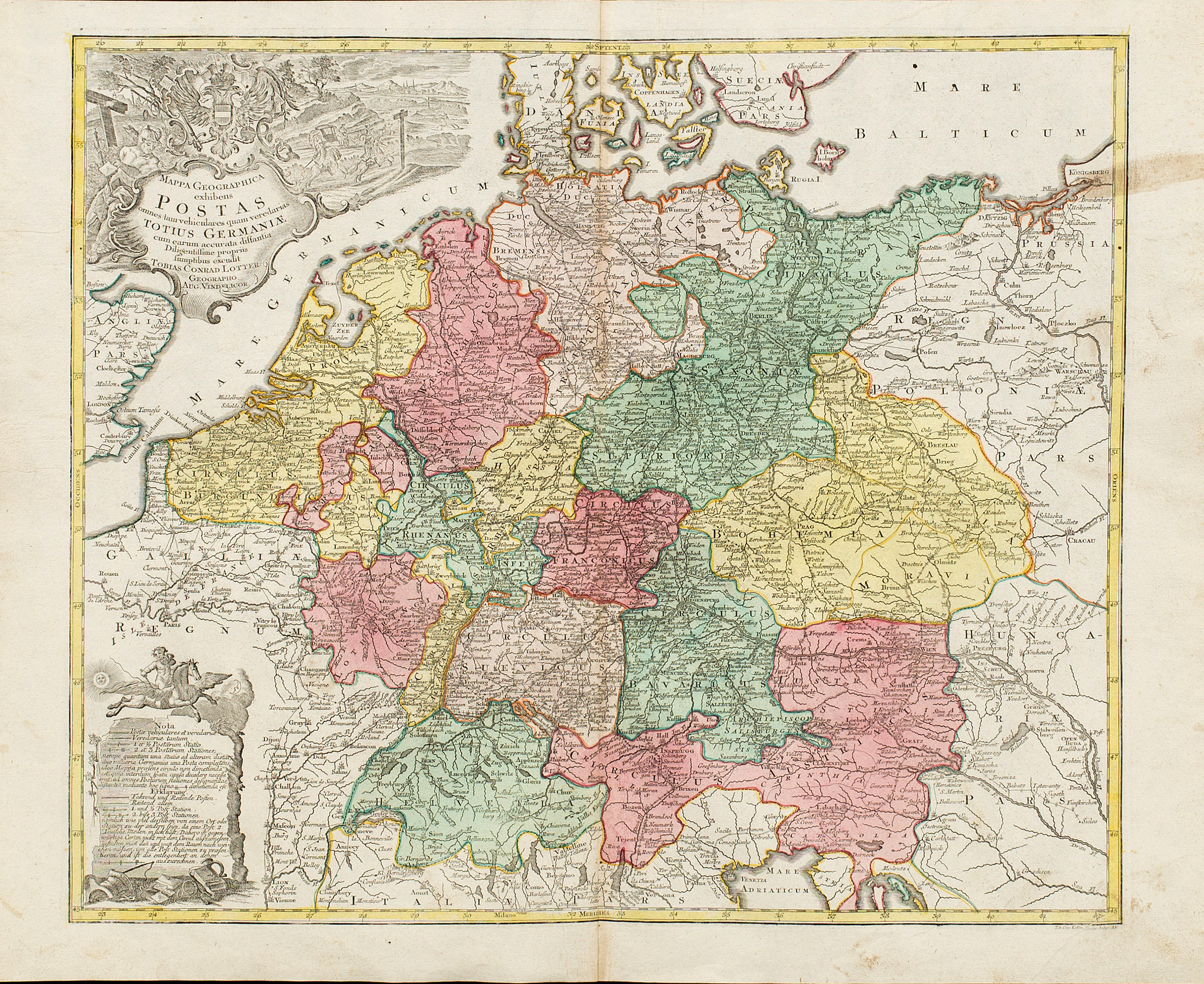 A TOBIAS CONARD LOTTER MAP, HAND COLOURED COPPERPLATE,Mappa Geographia ...
