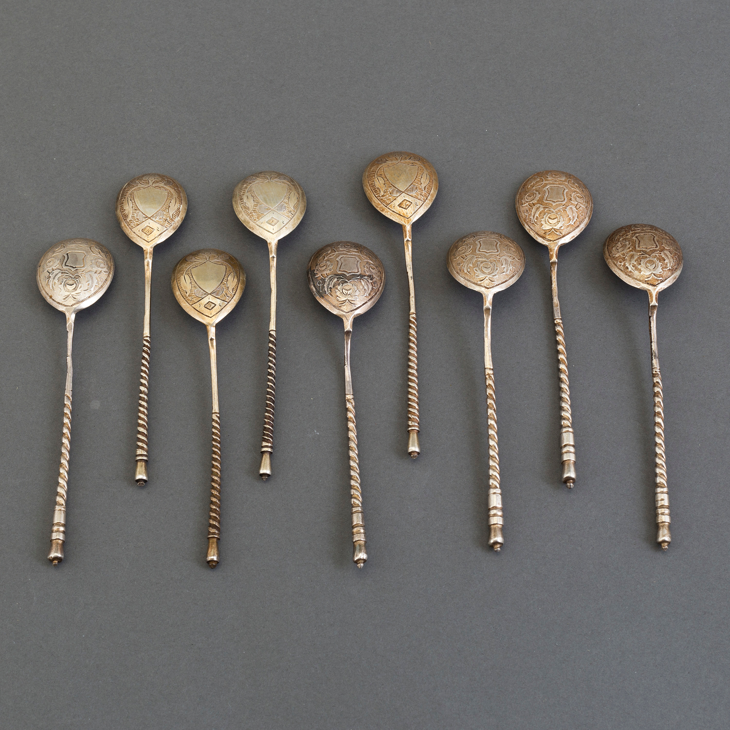 Nine matched (5+4) tea spoons, parcel-gilt silver Moscow late 19th ...