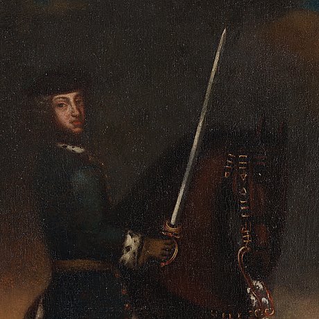 David von Krafft Circle of, King Karl XII on horse back at the battle ...
