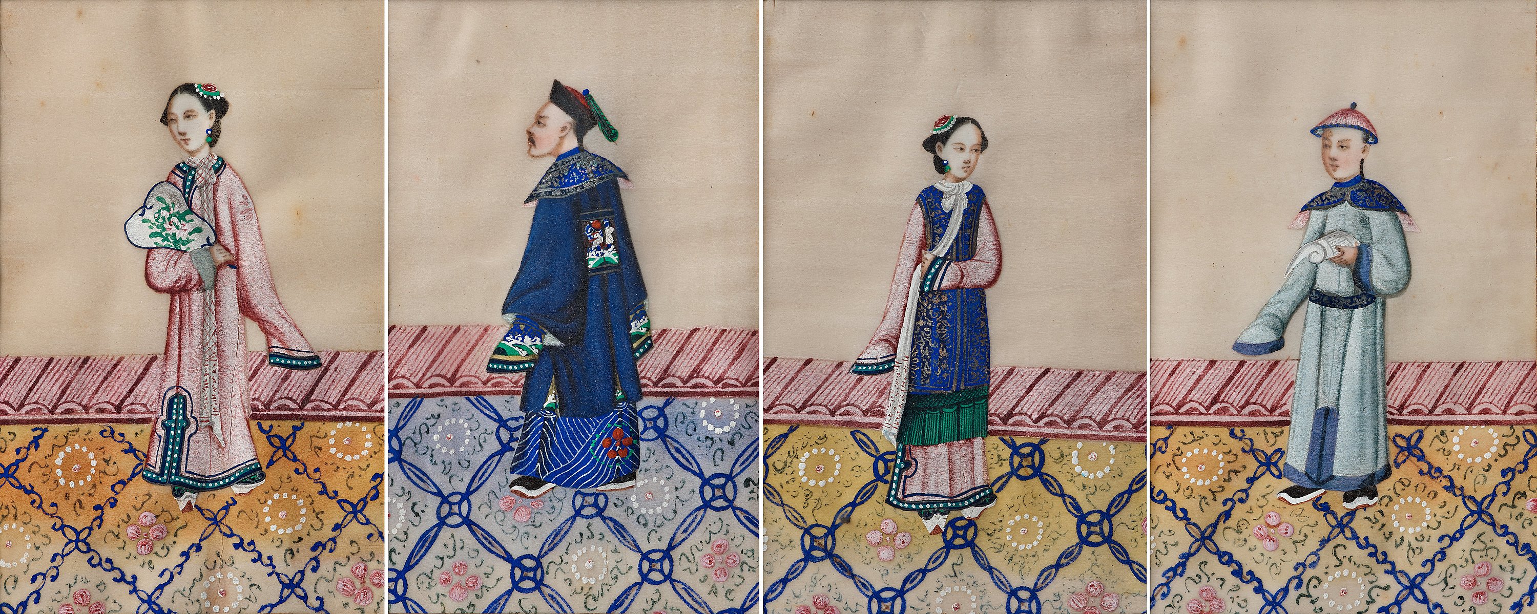 A set of four paintings of court attendants, Qing dynasty, 19th Century ...