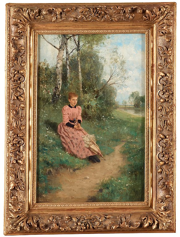 Louis Lang, Forest scene with young woman. - Bukowskis