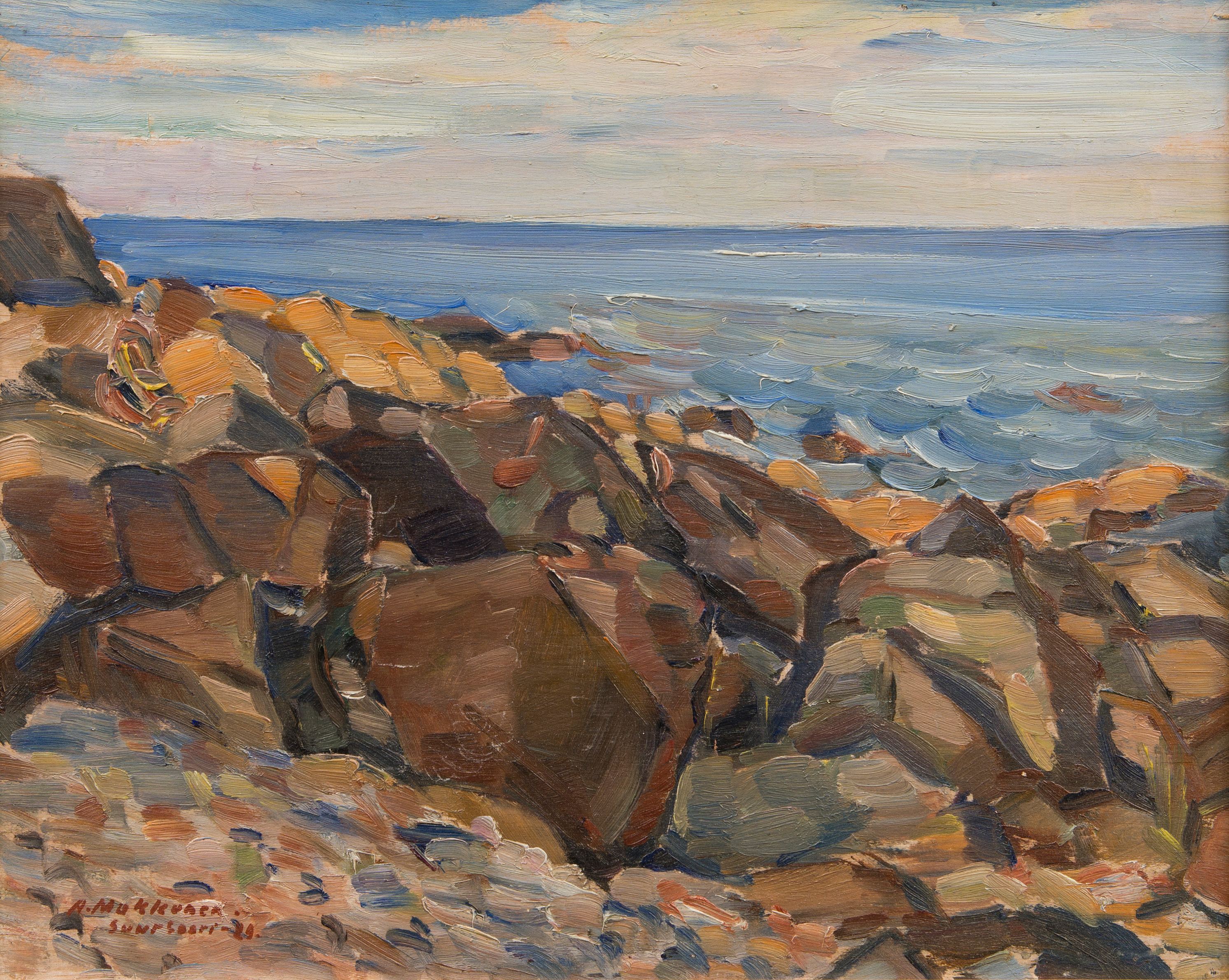 ARVO MAKKONEN, olja på pannå, signerad och daterad Suursaari -29 ...