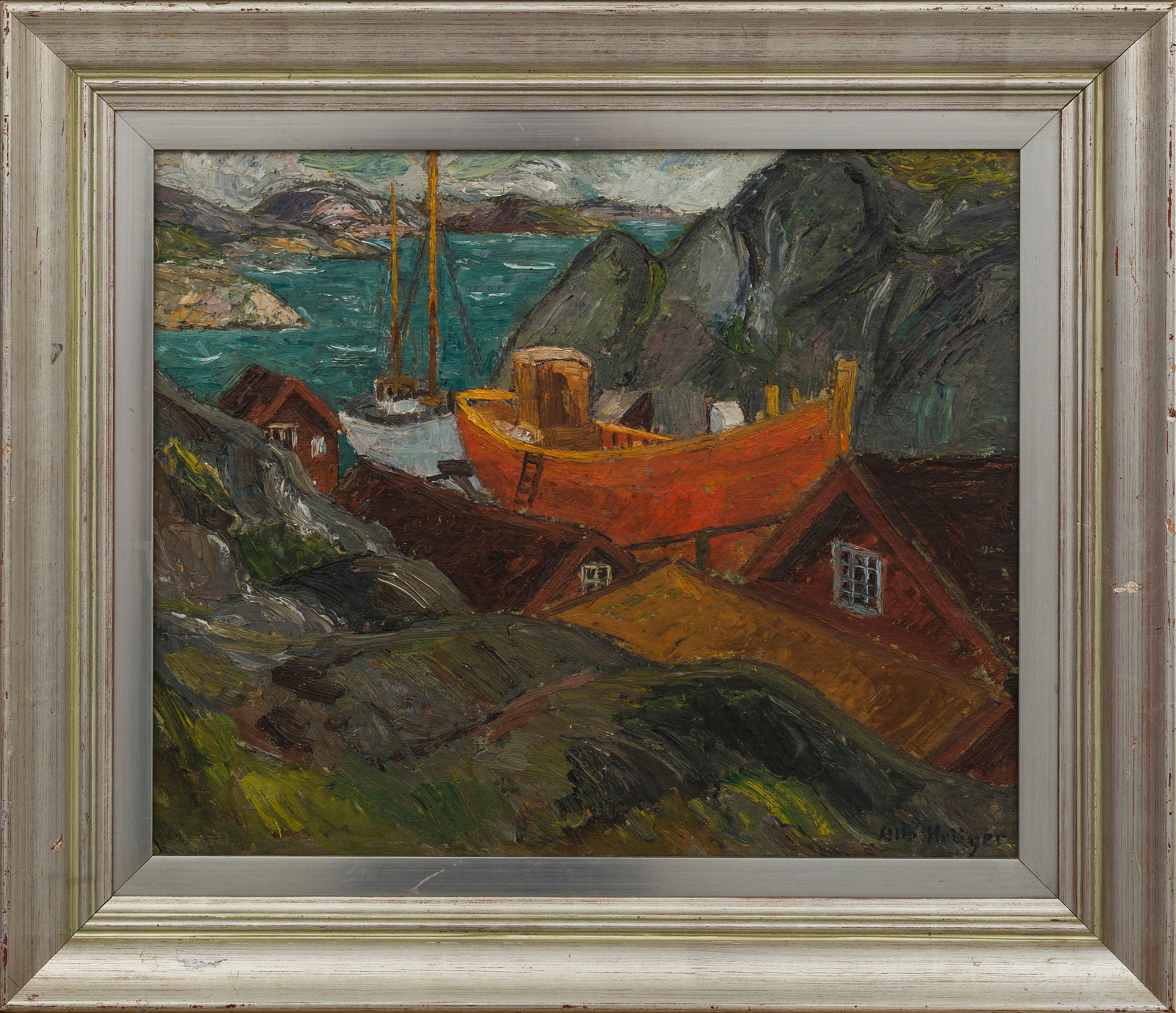 ALBERT KRÜGER, olja på pannå signerad samt a tergo daterad 1949 ...