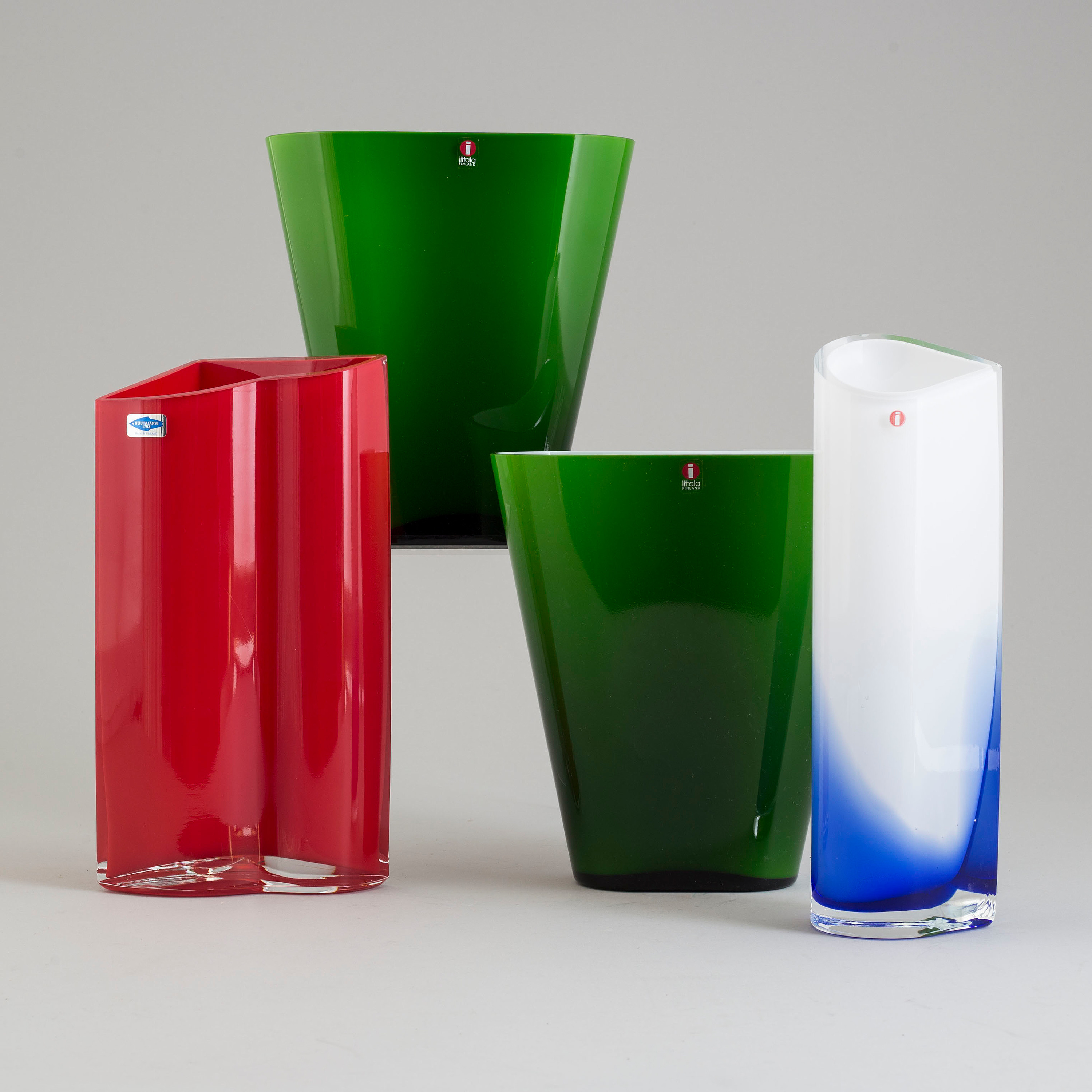 Four glass vases, various designers, Iittala, Finland, second half of ...