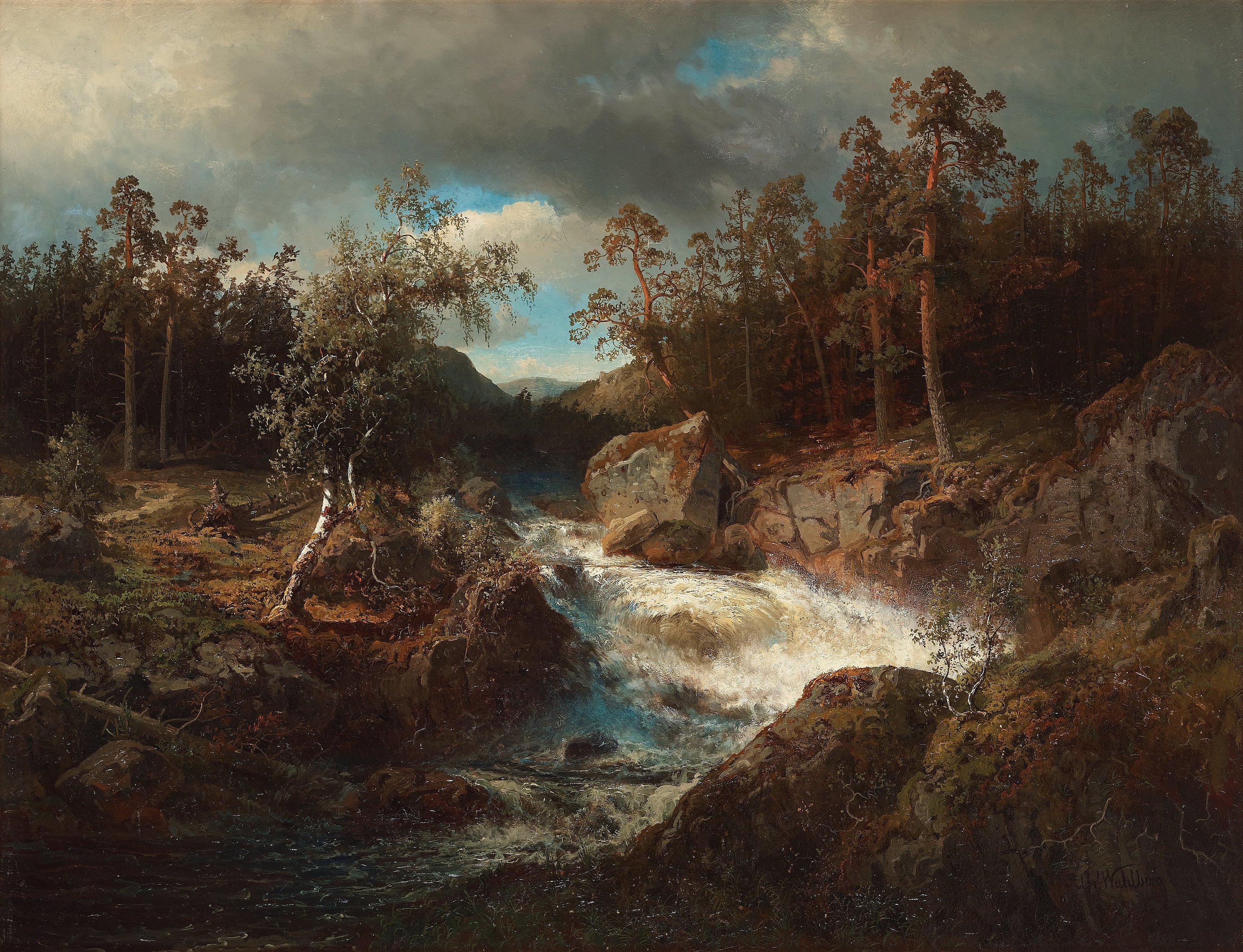 Alfred Wahlberg, "Landskap; fors omgifven af skog med blånande berg i ...