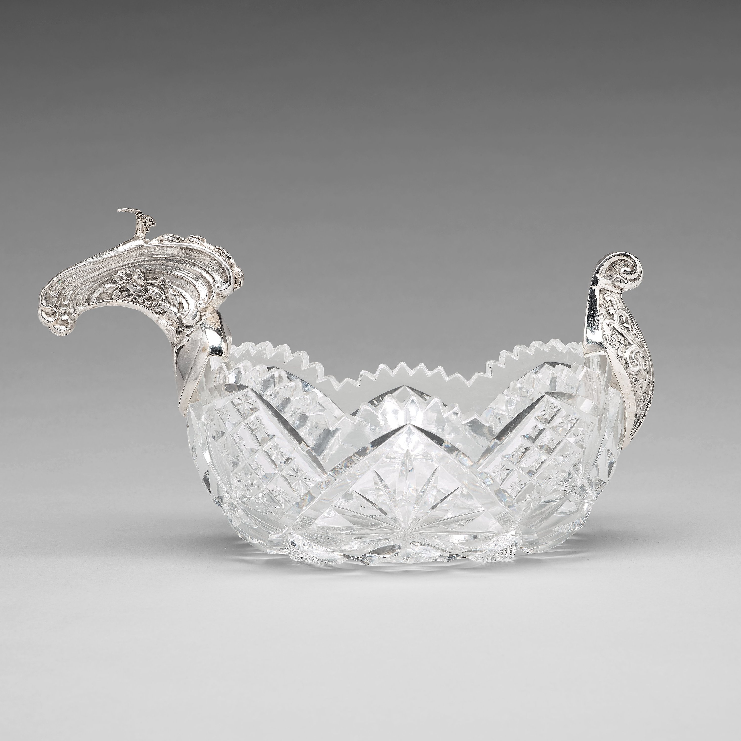 A Russian early 20th century silver and glass kovsh, marked Gratchev ...