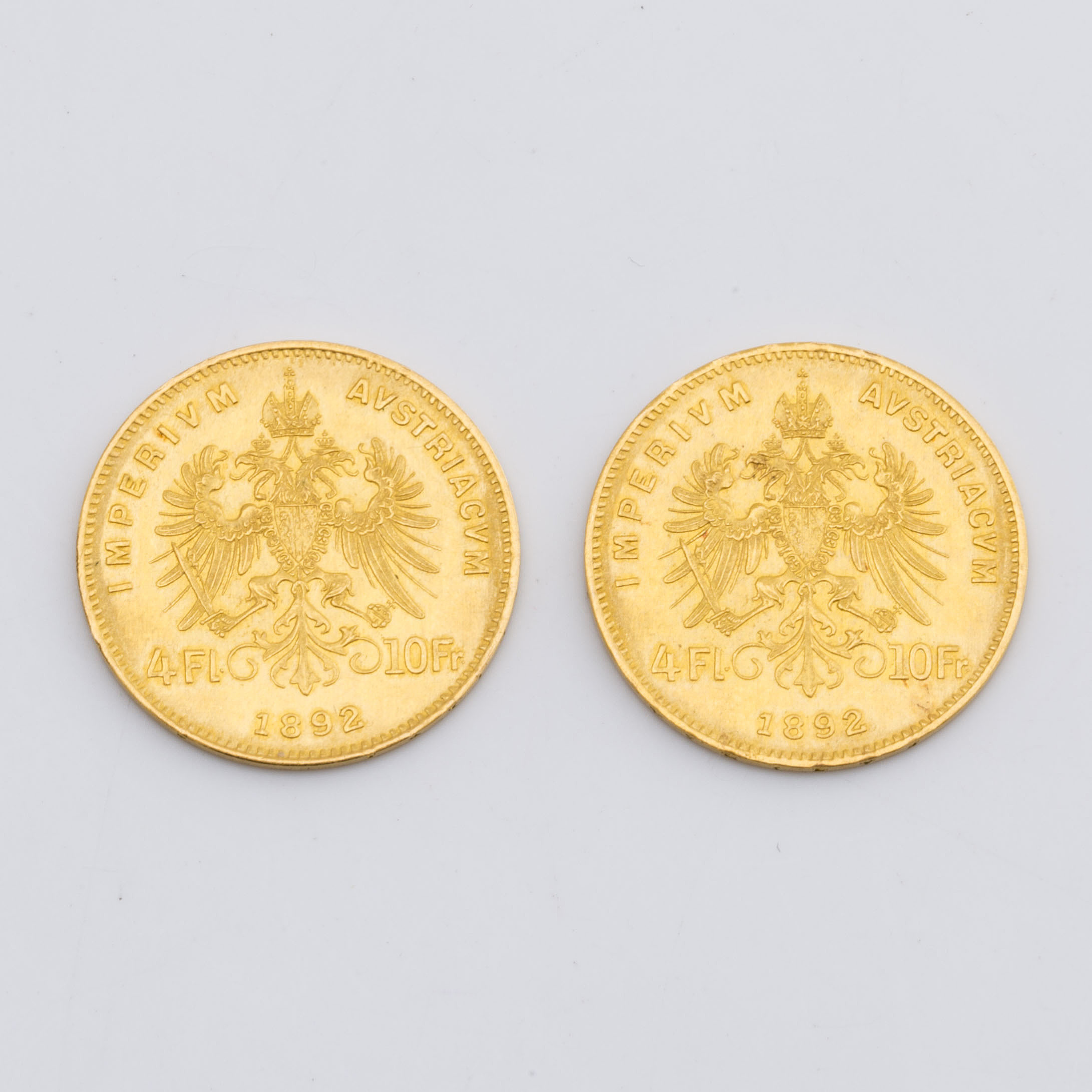 TWO GOLD COIN, 4 fl/10 fr, Frans Josef, Austria, 1892. - Bukowskis