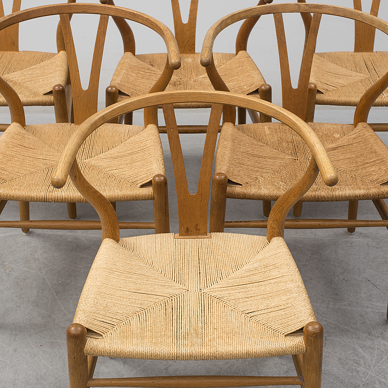 HANS J WEGNER, stolar, 6 st, "Y-stolen", Carl Hansen & Son, 1950/60-tal. - Bukowskis