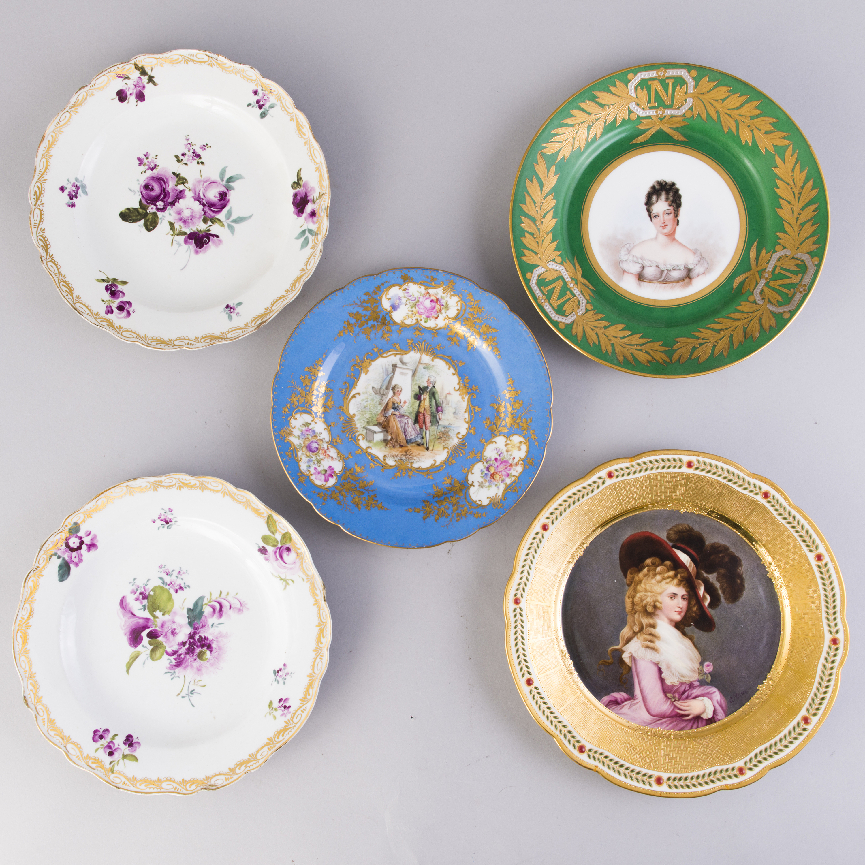 FIVE DECORATIVE PLATES, porcelain, Central Europe, late 19th century ...