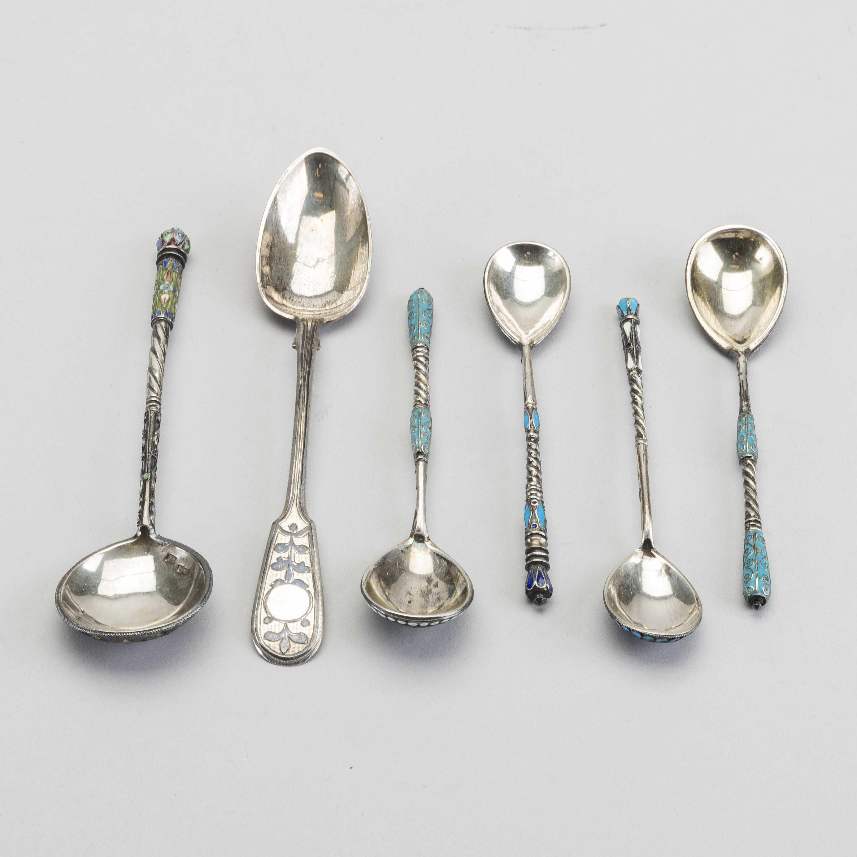 A set of six Russian silver and enamel spoons, around 1900 weight ca ...