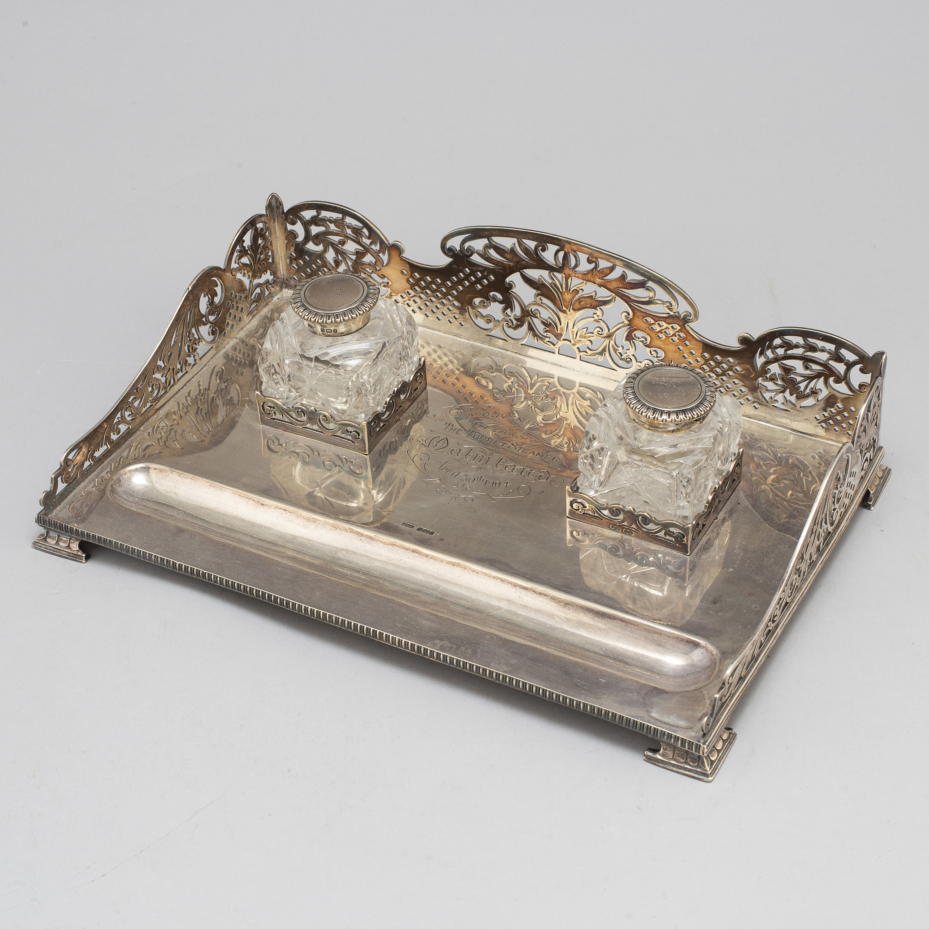 A silver plated writing set, marked JD&S, Birmingham with silver lidded ...