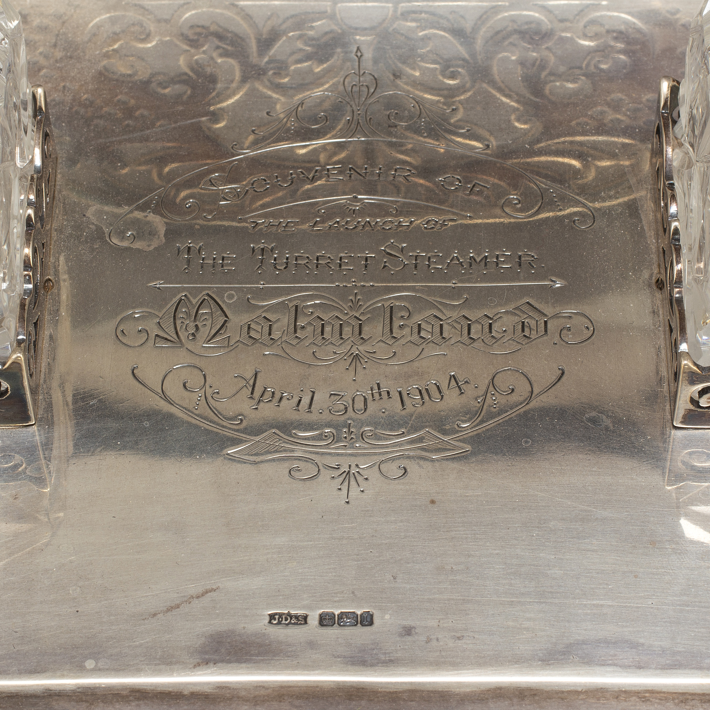 A silver plated writing set, marked JD&S, Birmingham with silver lidded ...