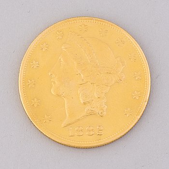 GOLD COIN, 20 DOLLARS, USA 1882 gold 900/1000. Weight ca 33,4 g ...
