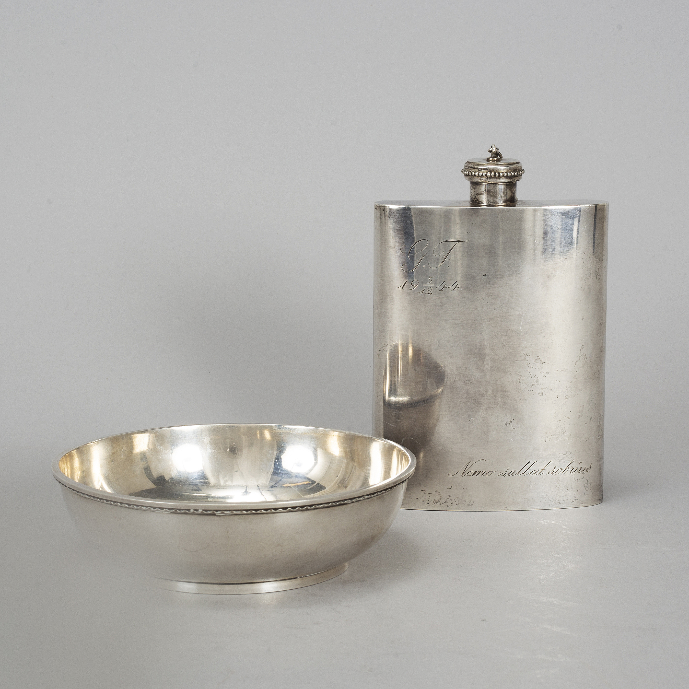 ATELIER BORGILA, a silver bowl and a pocket flask, Stockholm, flask ...