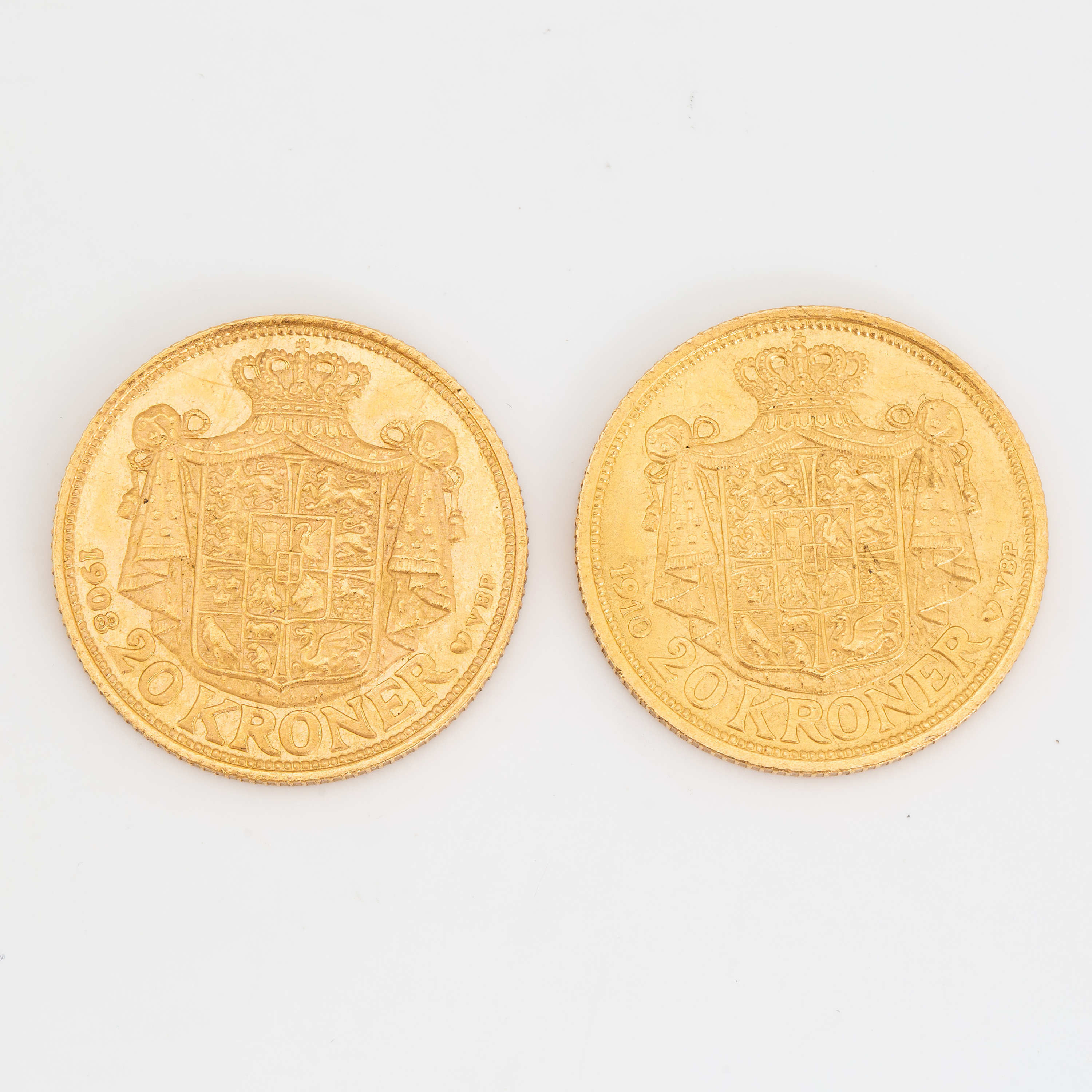 GULDMYNT 20 kroner, två st, Fredrik VIII, Danmark, 1908 resp 1910 ...