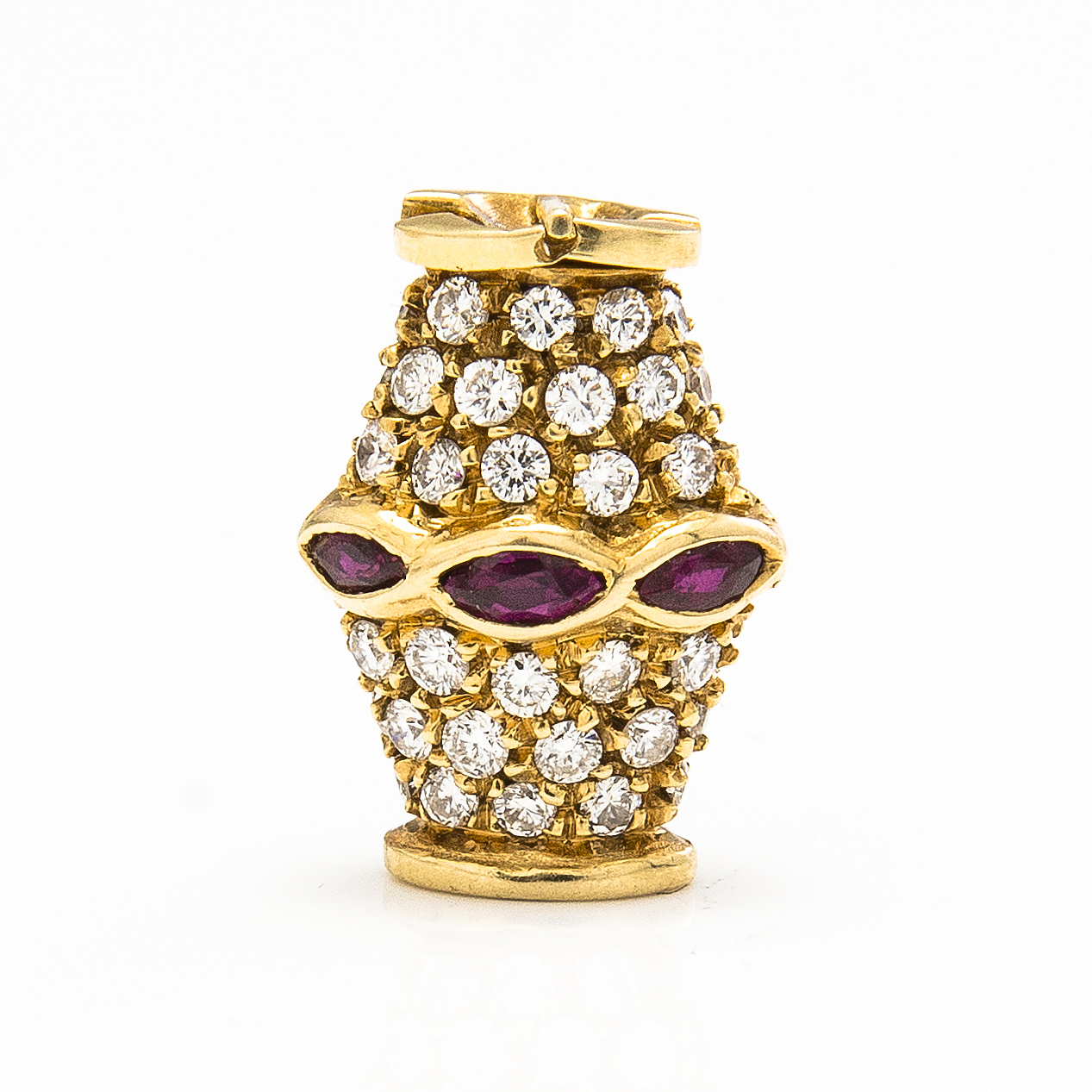 An 18K gold lock with diamonds ca 1.40 ct in total and rubies. Marked ...