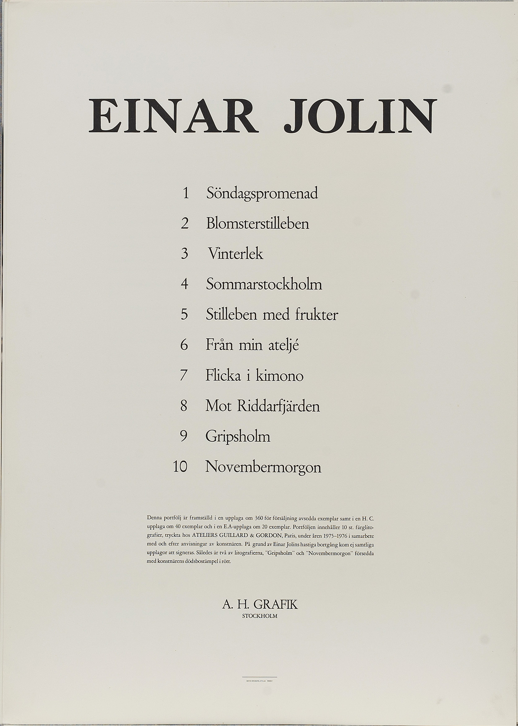 JOLIN, EINAR. Mapp med 10 st färglitografier. Nr 126/360. - Bukowskis