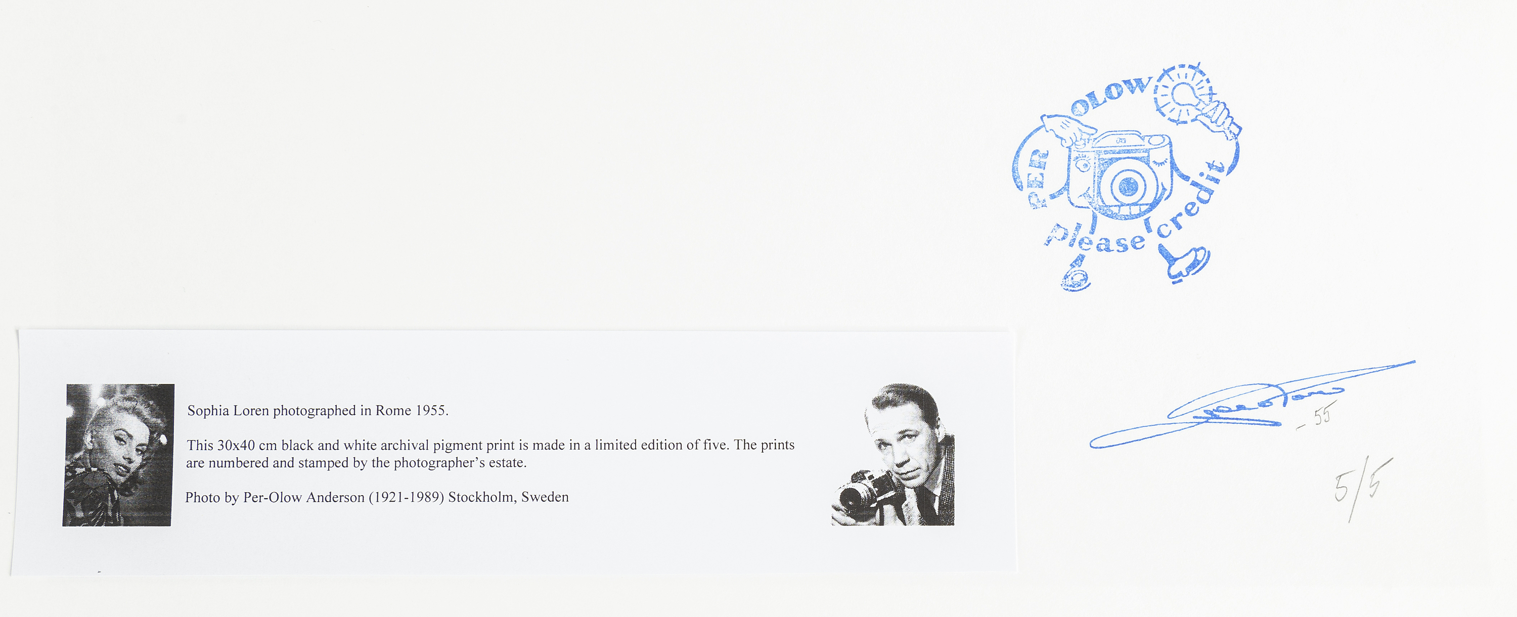 PER-OLOW ANDERSON, pigment print, photograhy of Sophia Loren, stamped ...