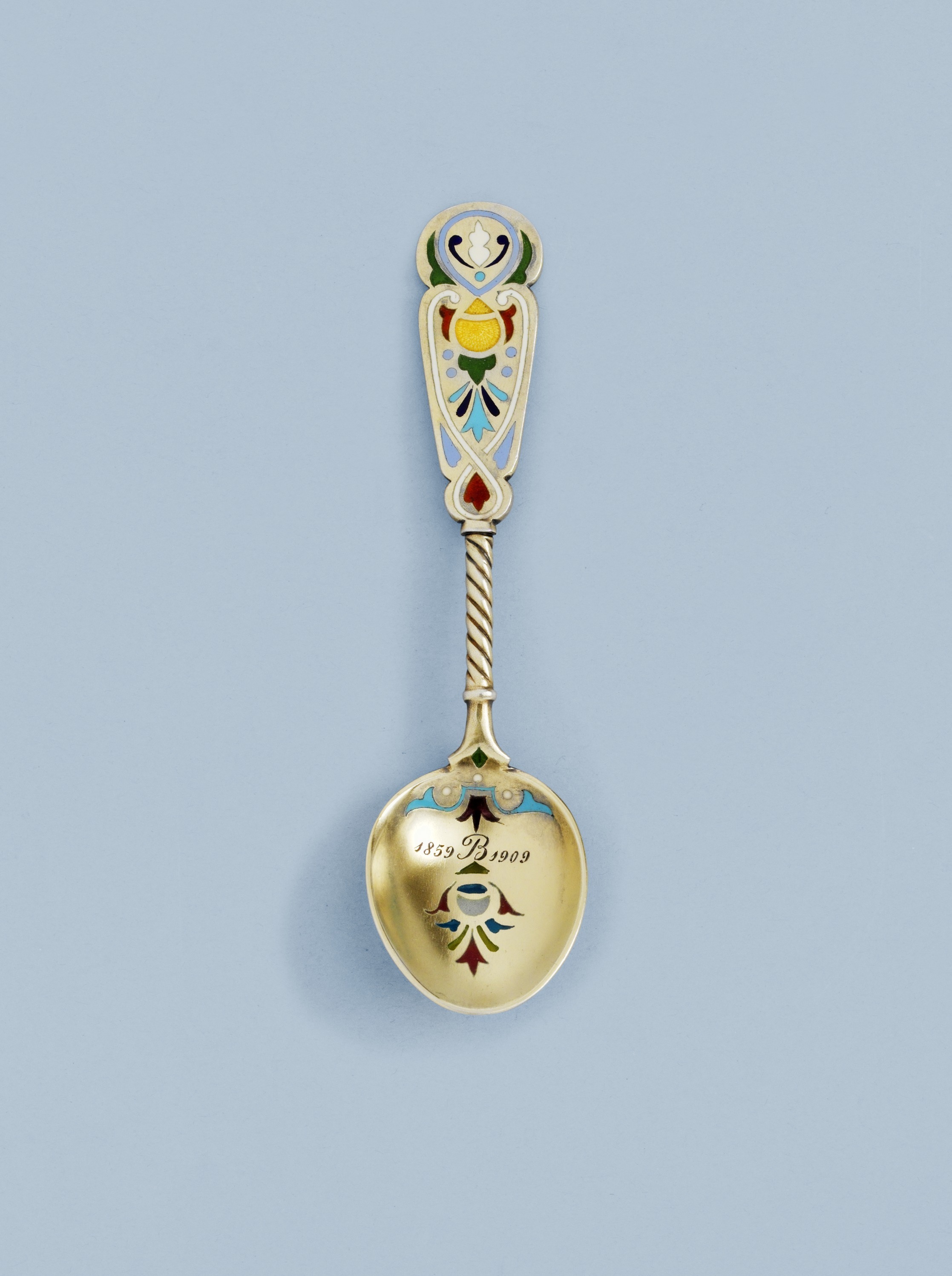A RUSSIAN SILVER-GILT AND ENAMEL SPOON, makers mark of Petrovich Chlebnikov, Moscow 1908-1917 ...