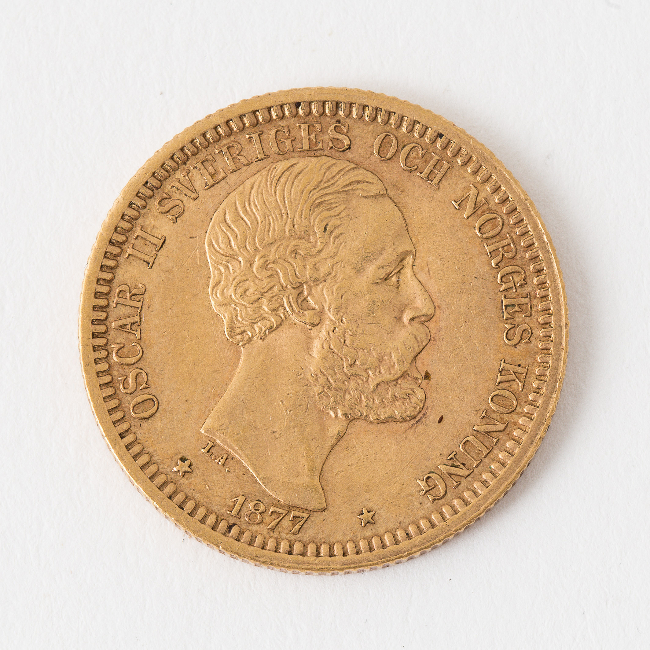 MYNT, guld, 20 kronor, Oscar II, 1877. - Bukowskis