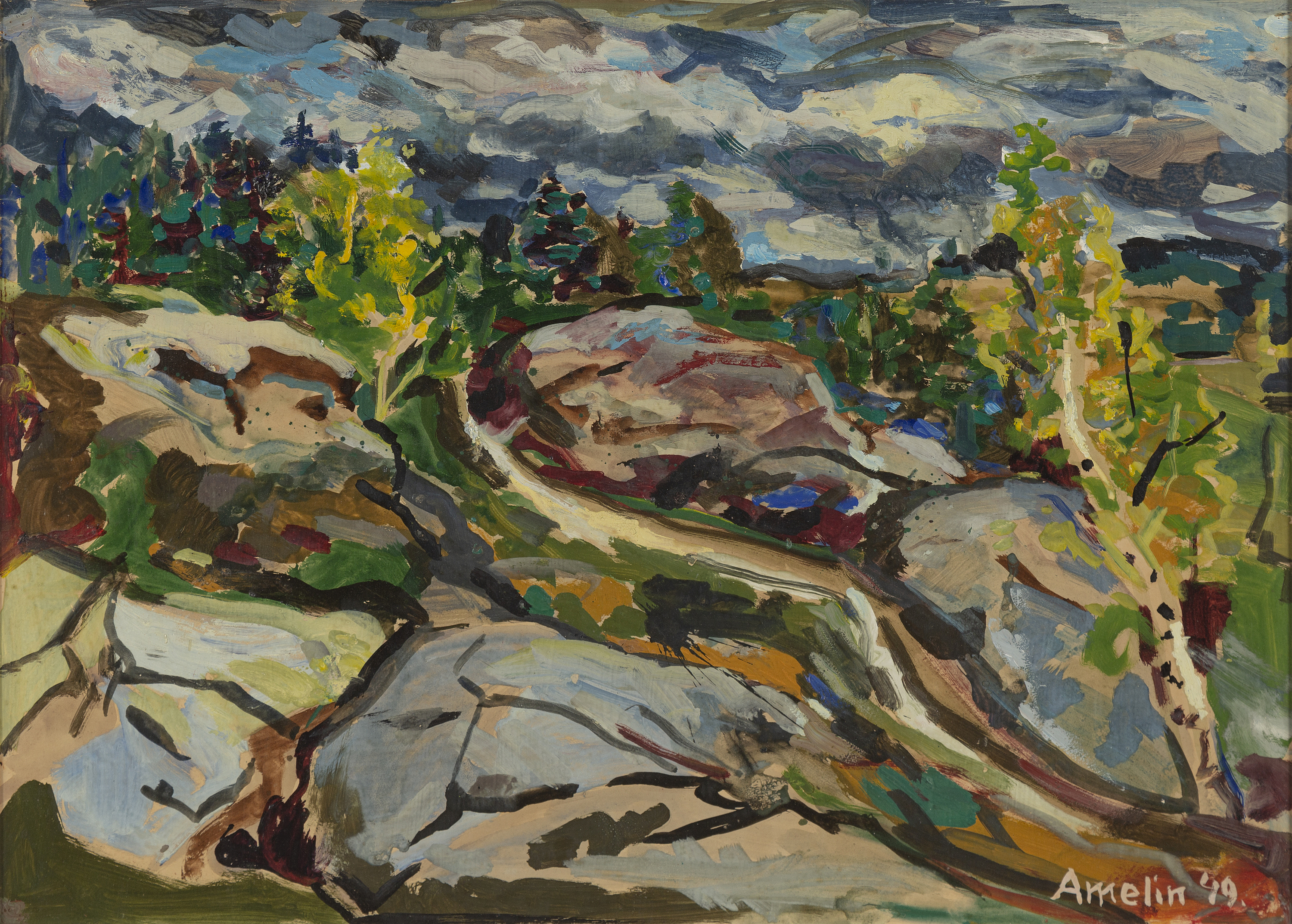 Albin Amelin, blandteknik på papp-pannå, signerad och daterad -49 ...