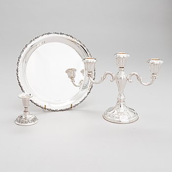 A silver dish, candelabrum and candlestick, Finnish hallmarks 1971 and ...