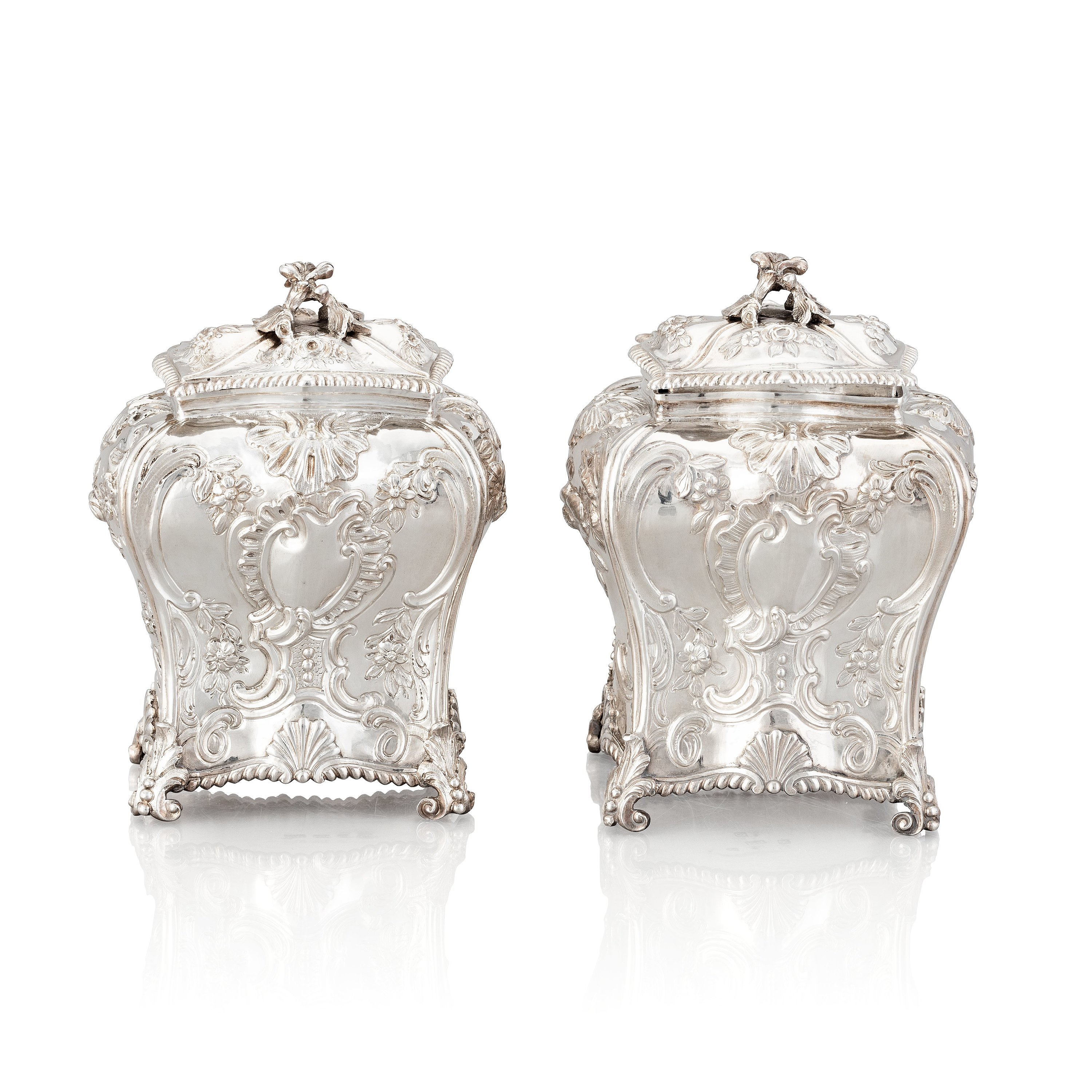 Two Tea caddys, silver, Emick Romer, London, 1762, and a mahogany ...