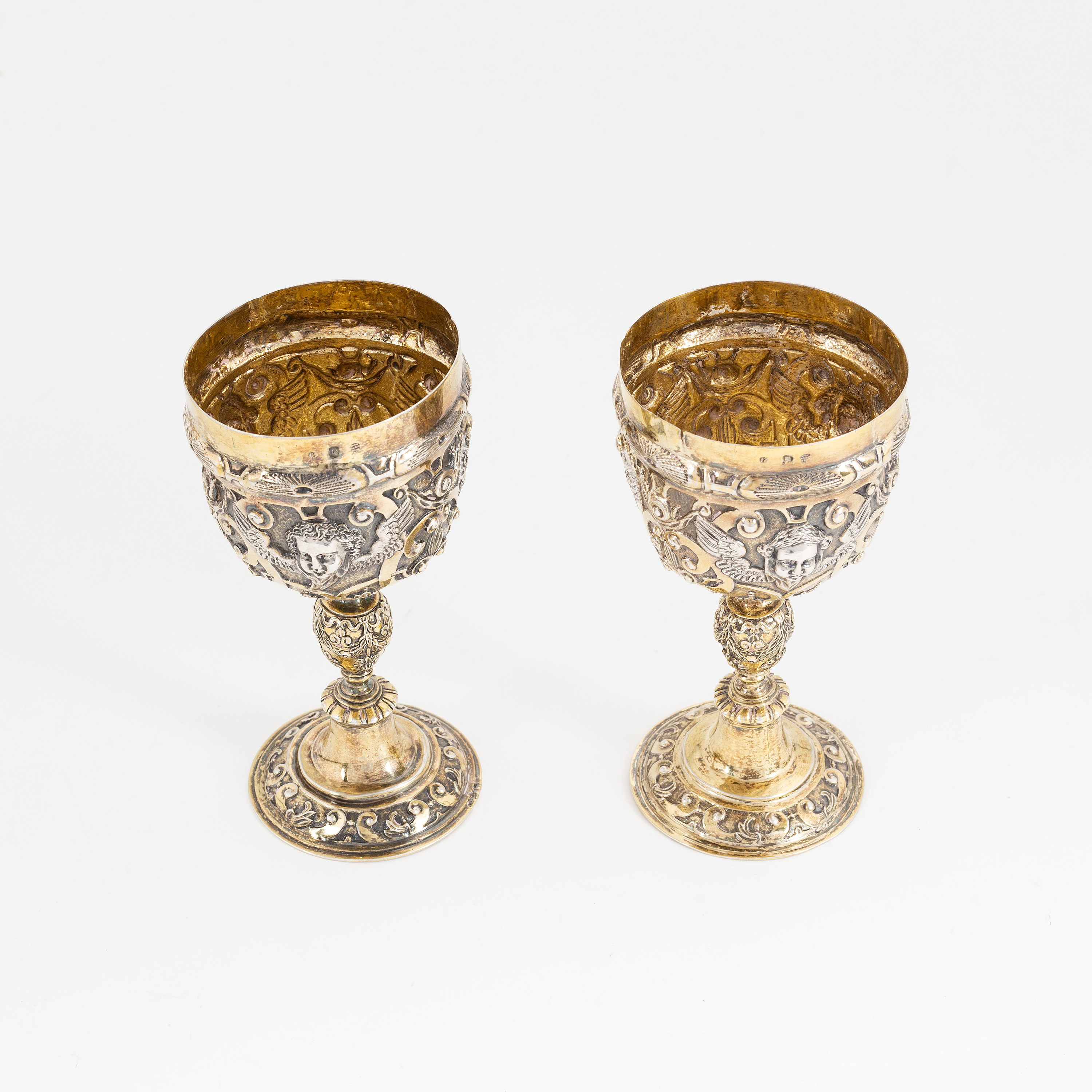 A pair of probably 19th Century parcel-gilt silver cups. Renaissance ...