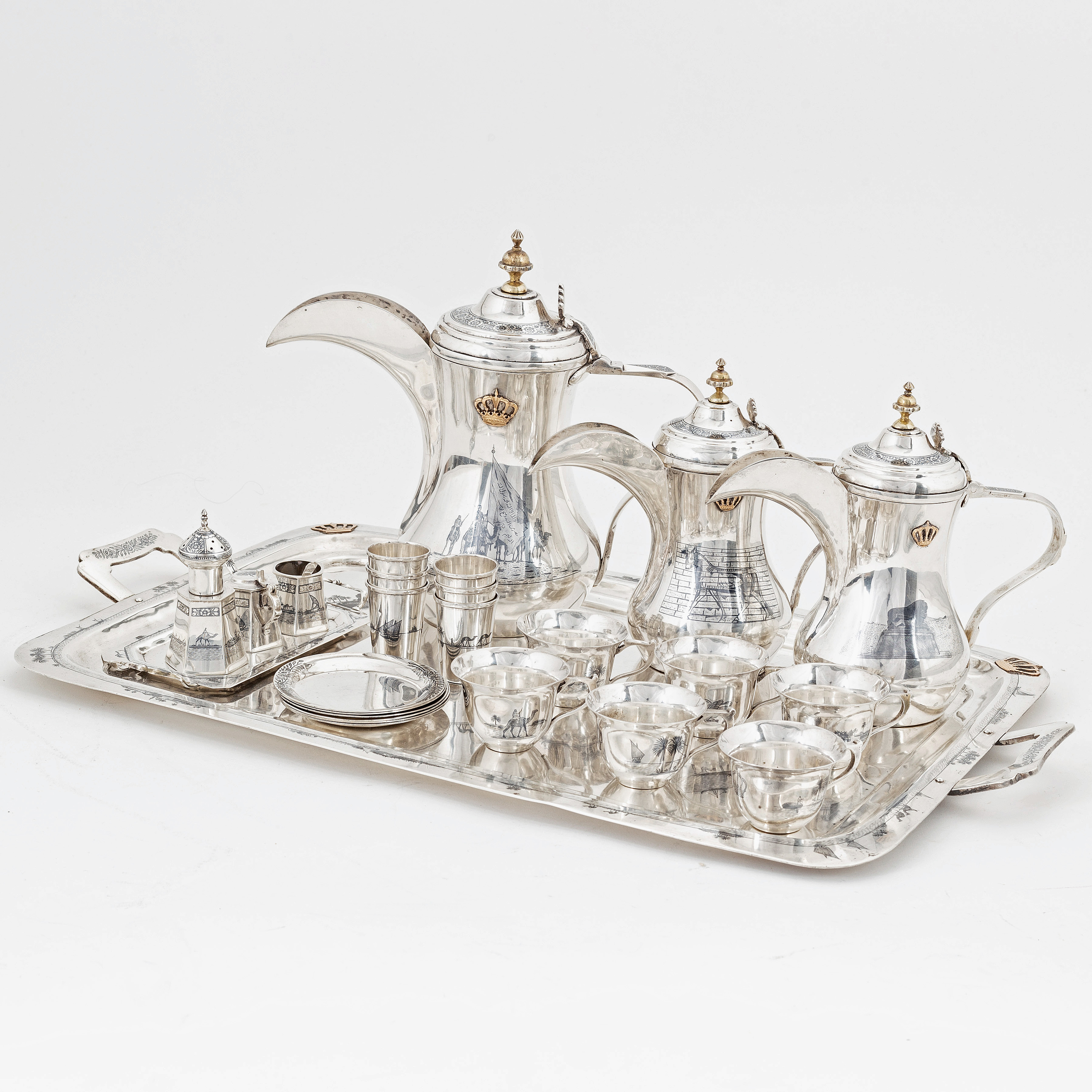 An Iraqi coffee pot set, 26 items, silver. Makers mark Zahroon Akhavan ...