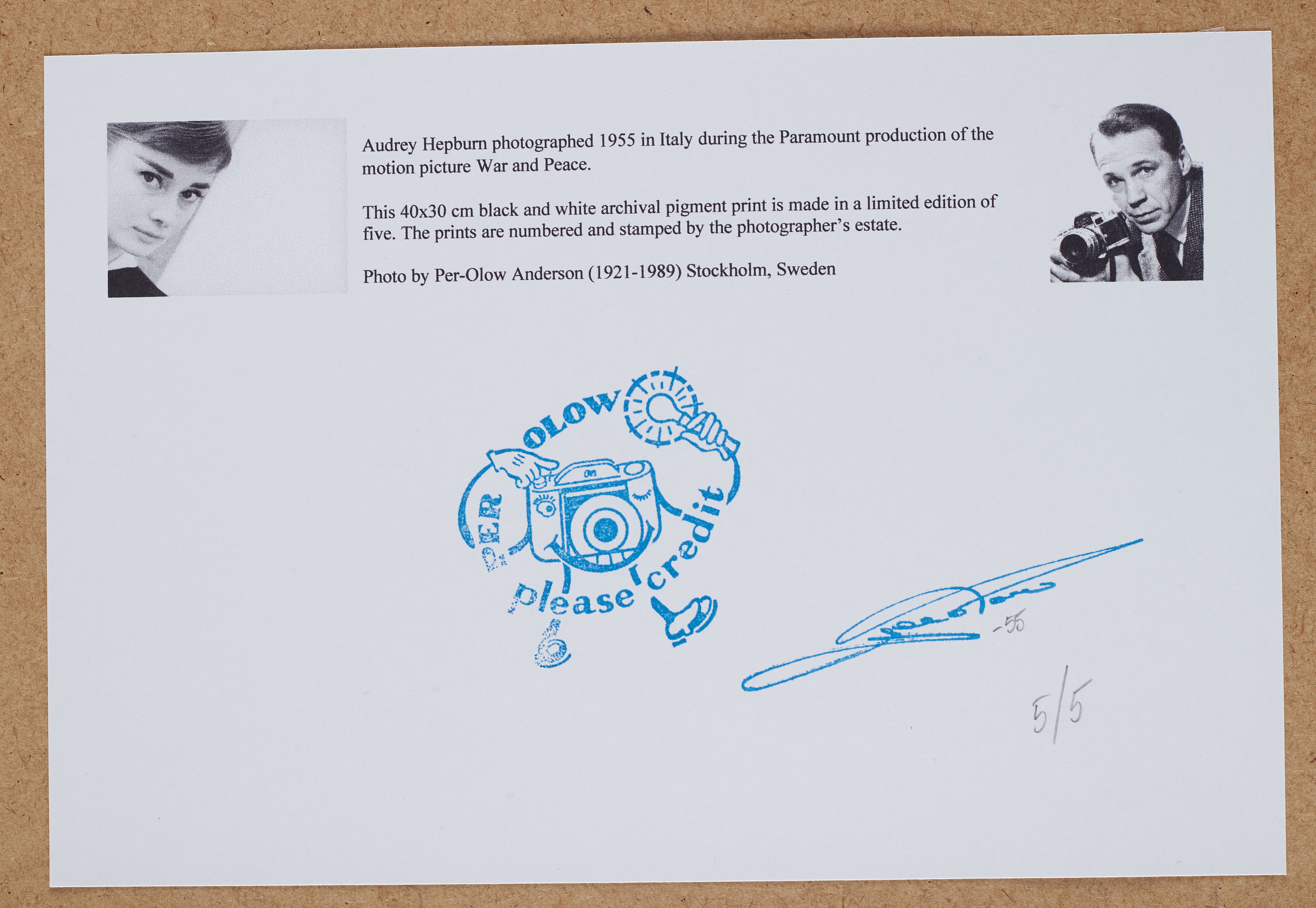 Per-Olow Anderson, Audrey Hepburn, archival pigment print, numbered 5/5 ...