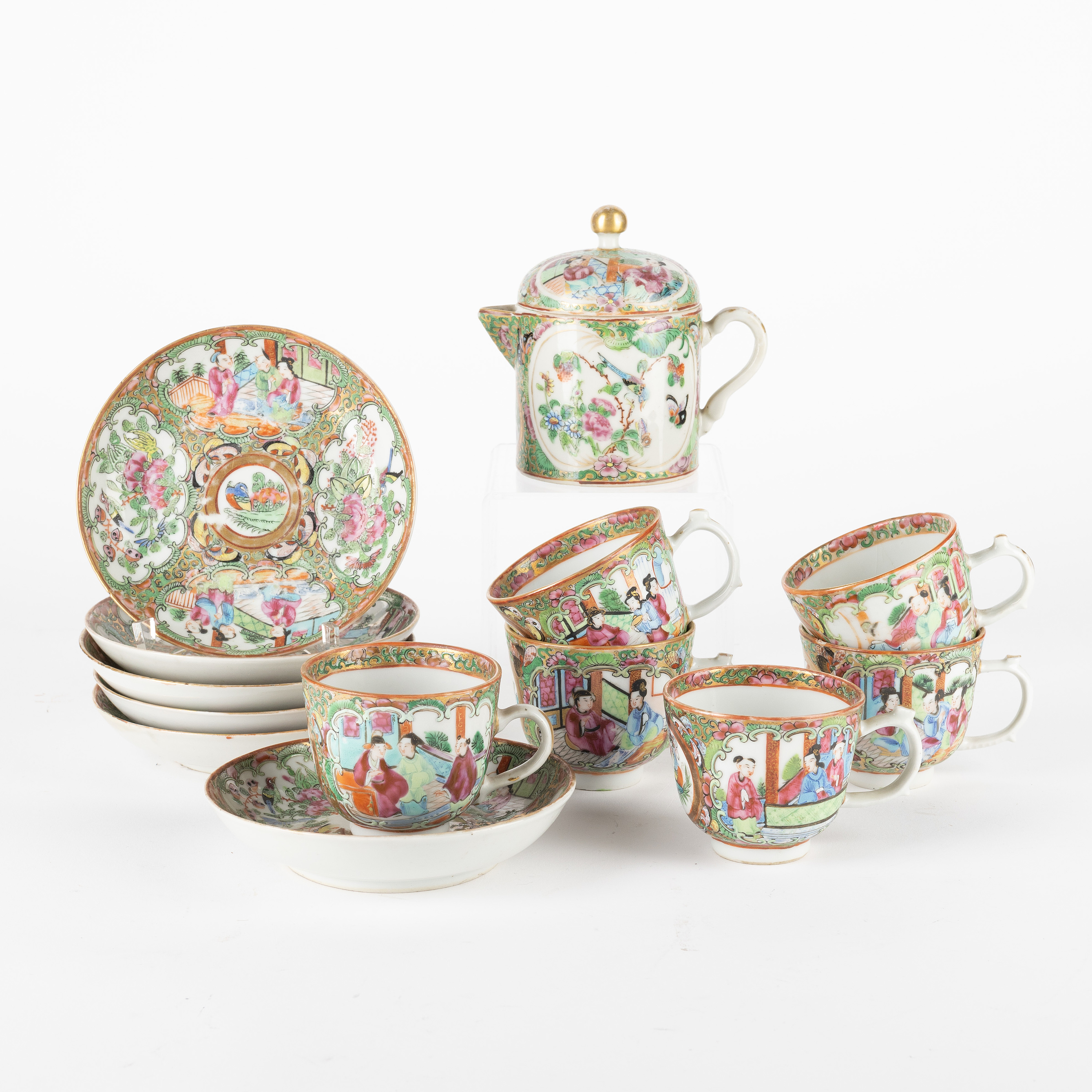 A set of six Canton cups with saucers and a Canton jug with cover, 19th ...