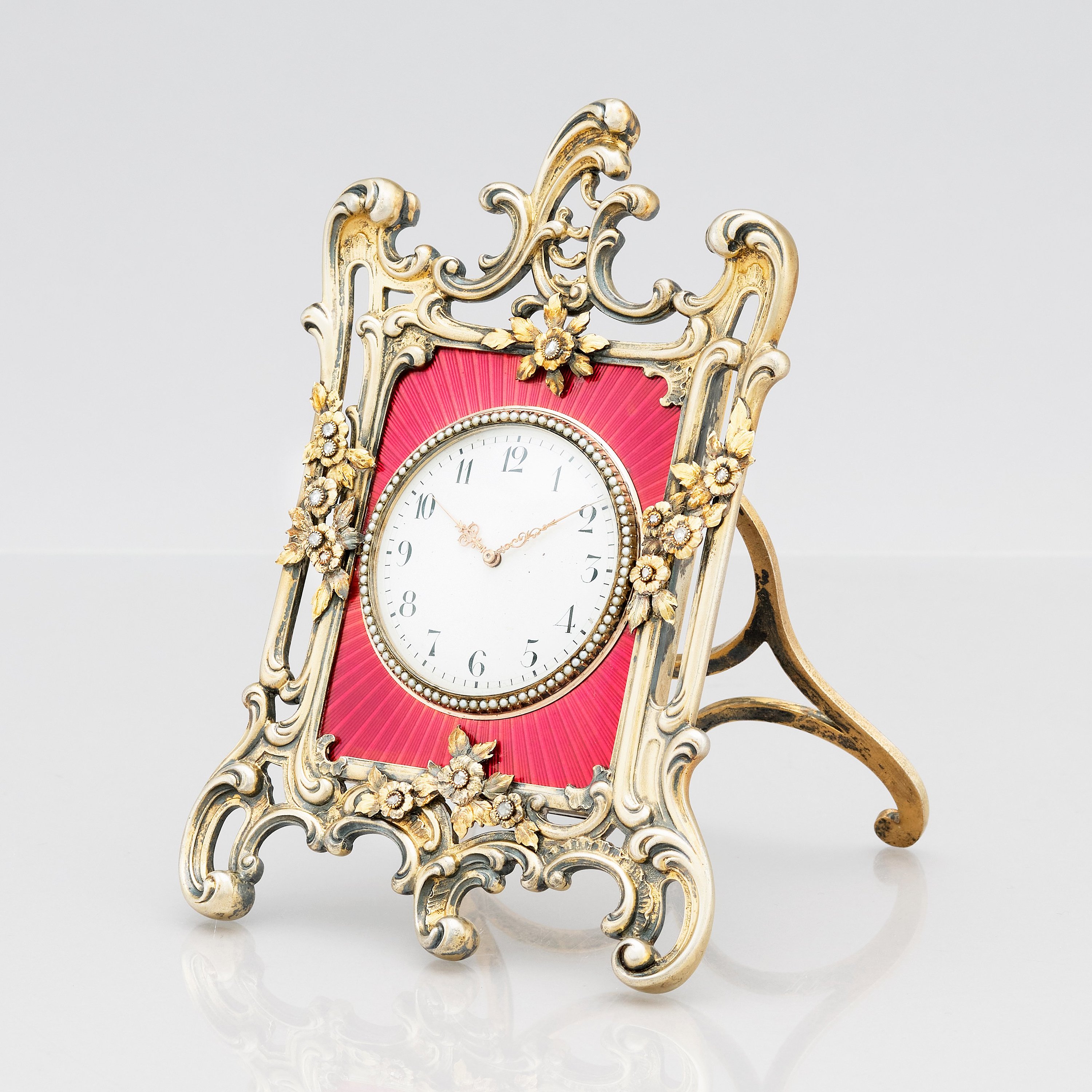 A Fabergé, Nobel family, jewelled, silver-gilt, guilloché enamel desk ...