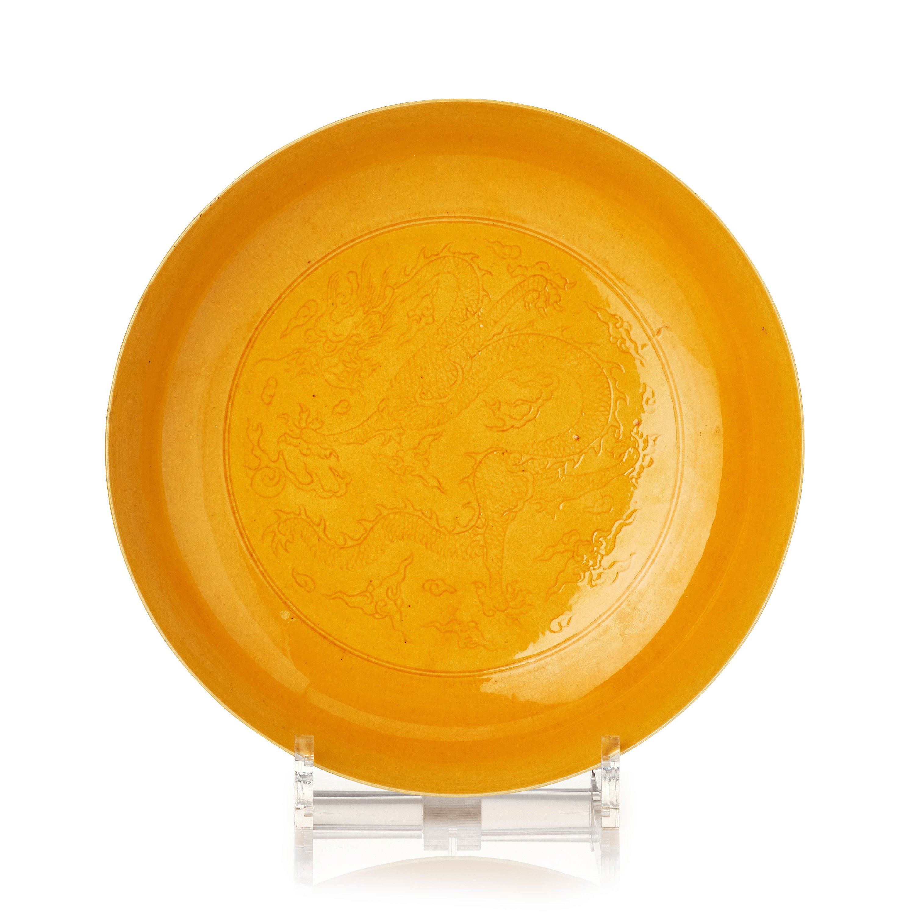 A yellow glazed five clawed dragon dish, Republic, 20th century ...