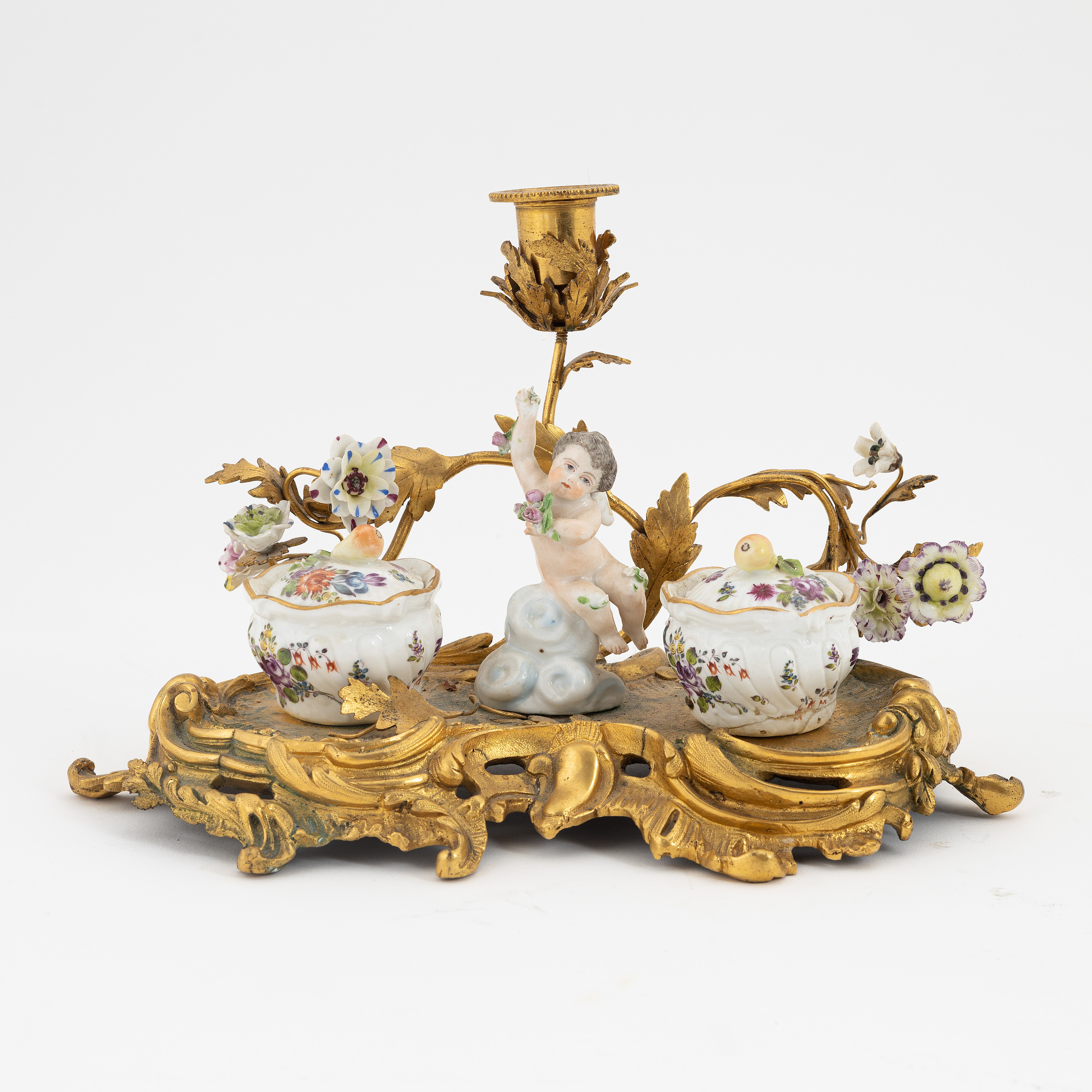A porcelain and ormolu Rococo-revival ink stand, later part of the 19th ...