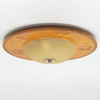 Birger Ekman, a glass and veneered ceiling light, Mjölby Intarsia, 1930 ...