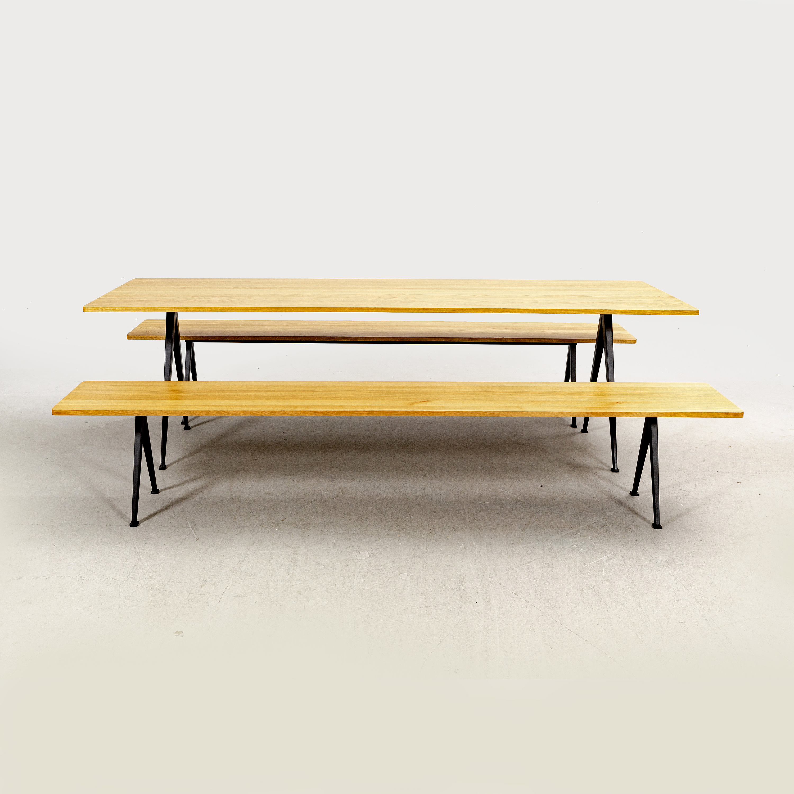 Friso Kramer & Wim Rietveld, "Pyramid" table and two benches Hay ...
