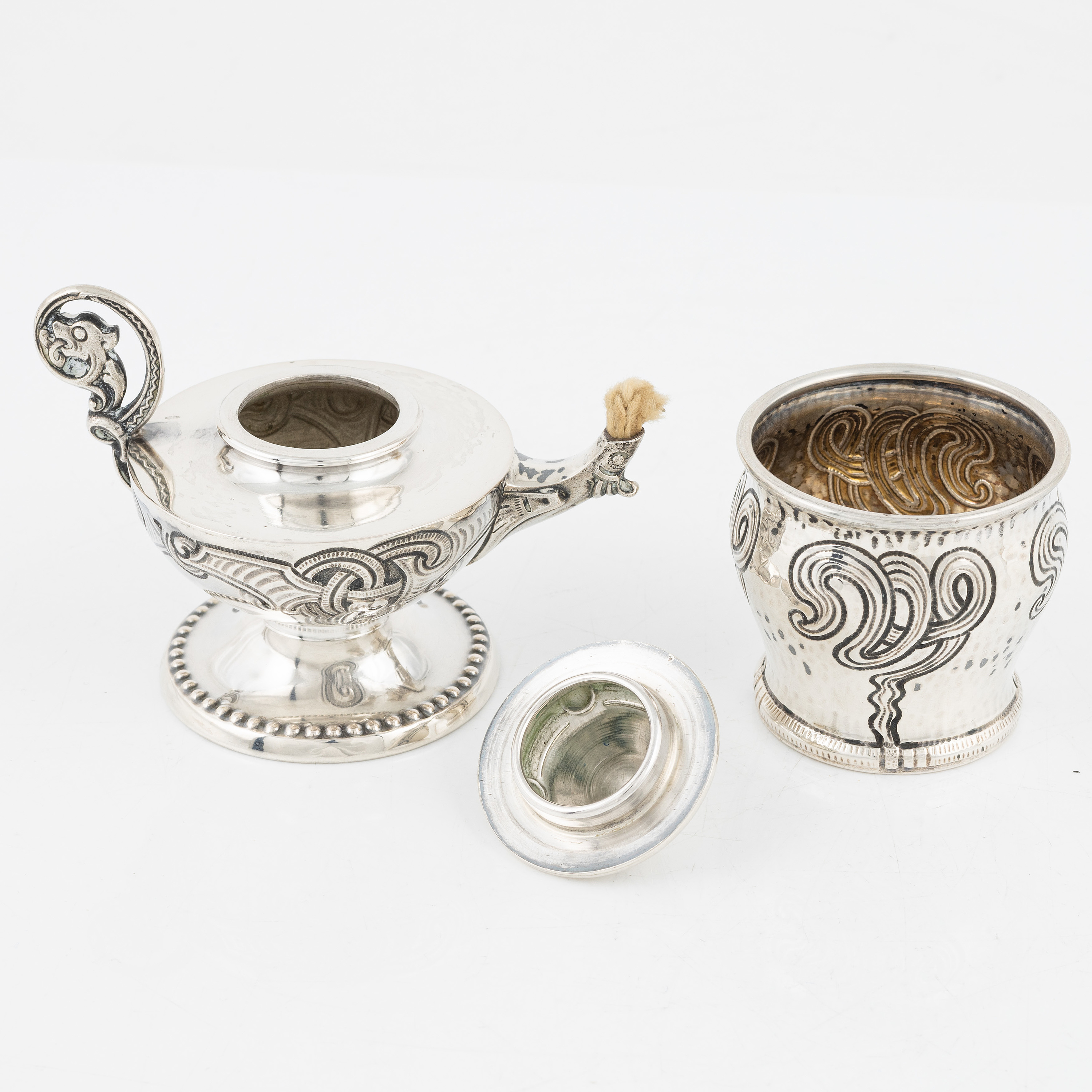 A Norwegian Silver Oil Lamp, makr of NM Thune, Oslo, early 20th century ...