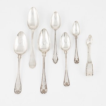 Skedar, 18 st, samt sockertång, silver, Sverige. - Bukowskis