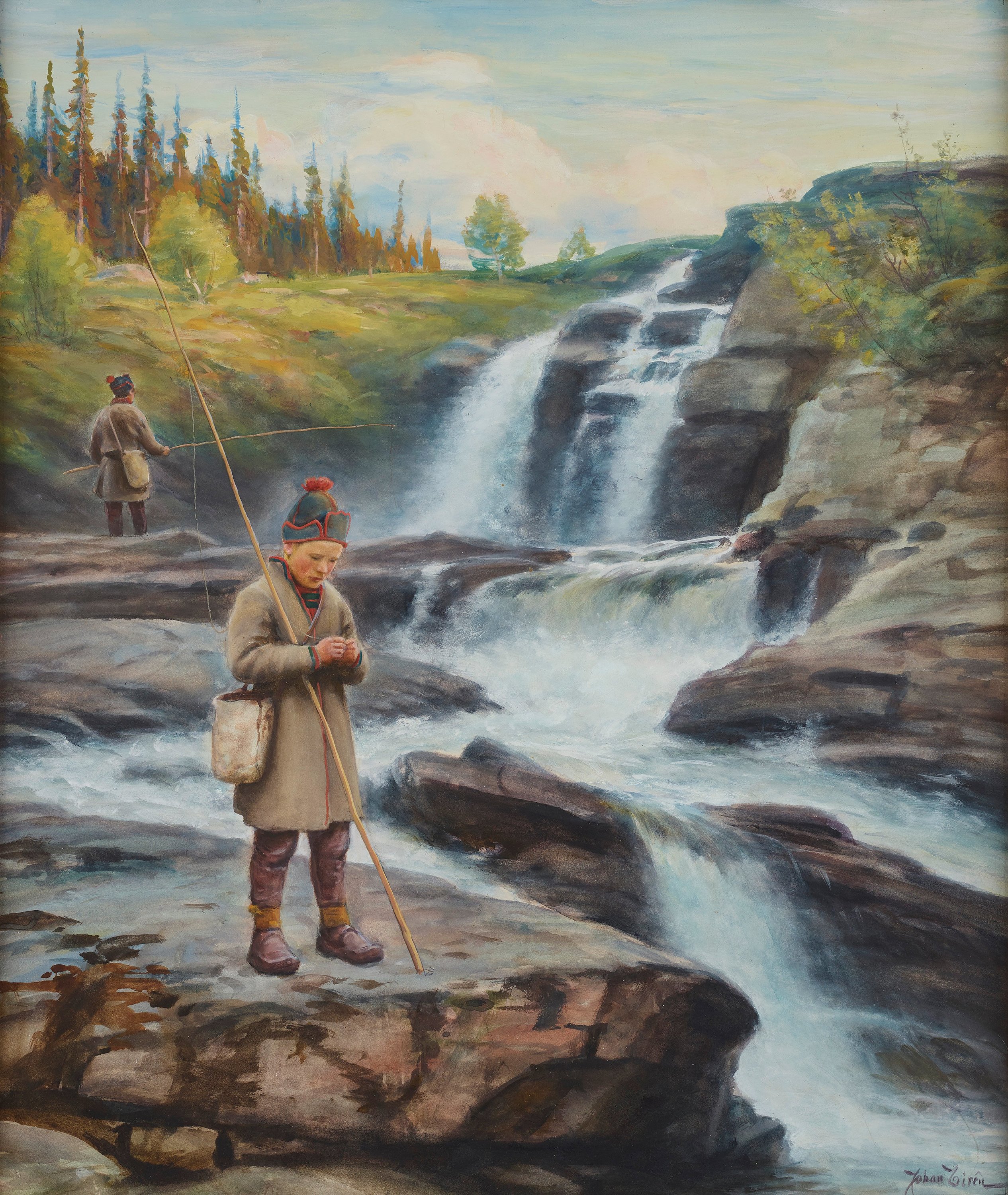 Johan Tirén, Young Sámi by the waterfall. - Bukowskis