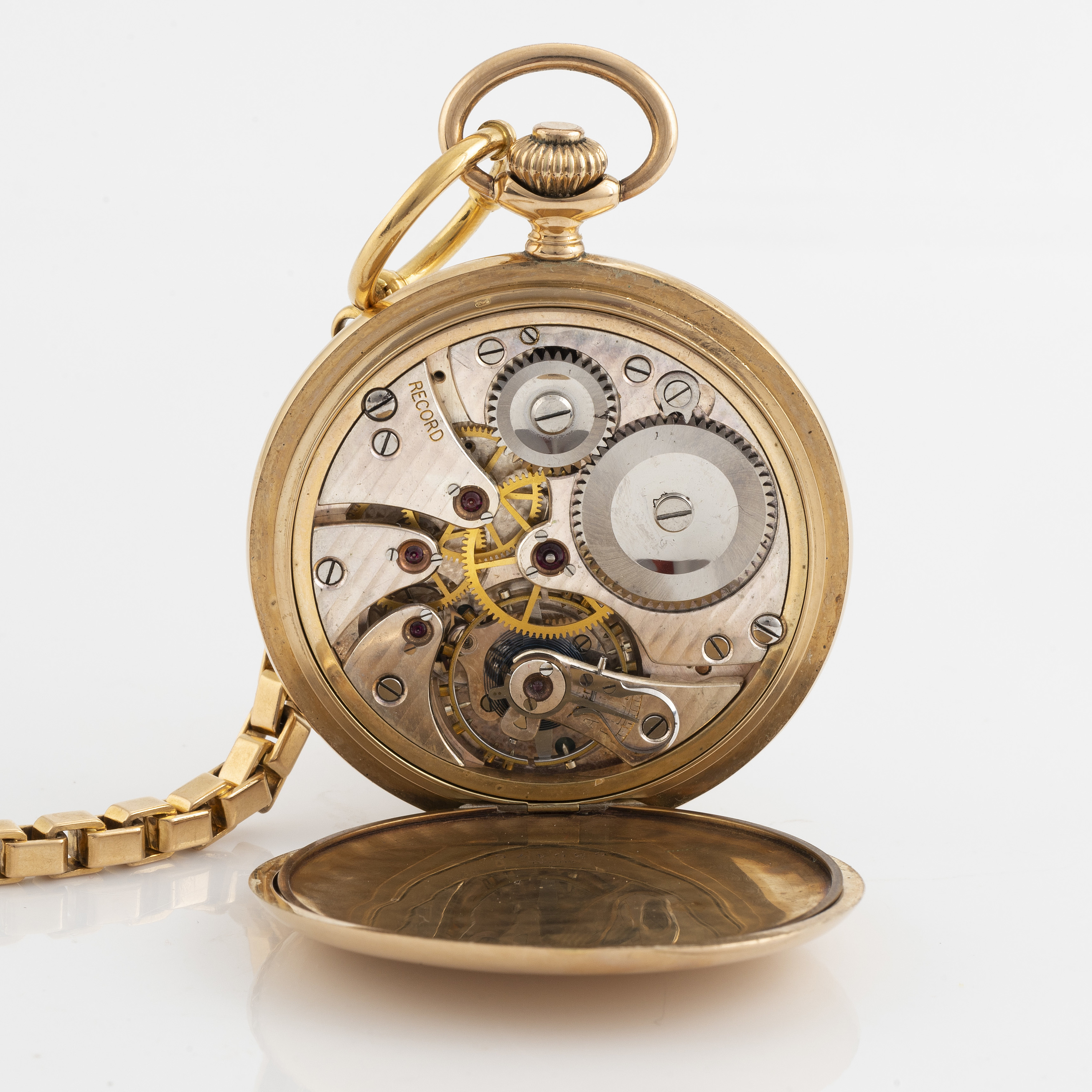 Pocket watch, Record, hunter, 14K guld, chain in 18K gold, ca 52 mm ...