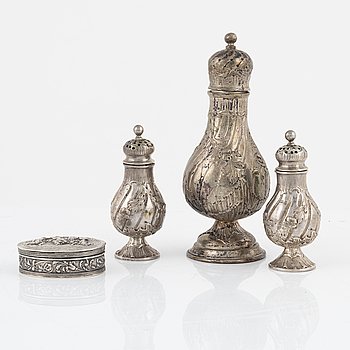 Three silver shakers and a box, including mark of Carl Hoff ...