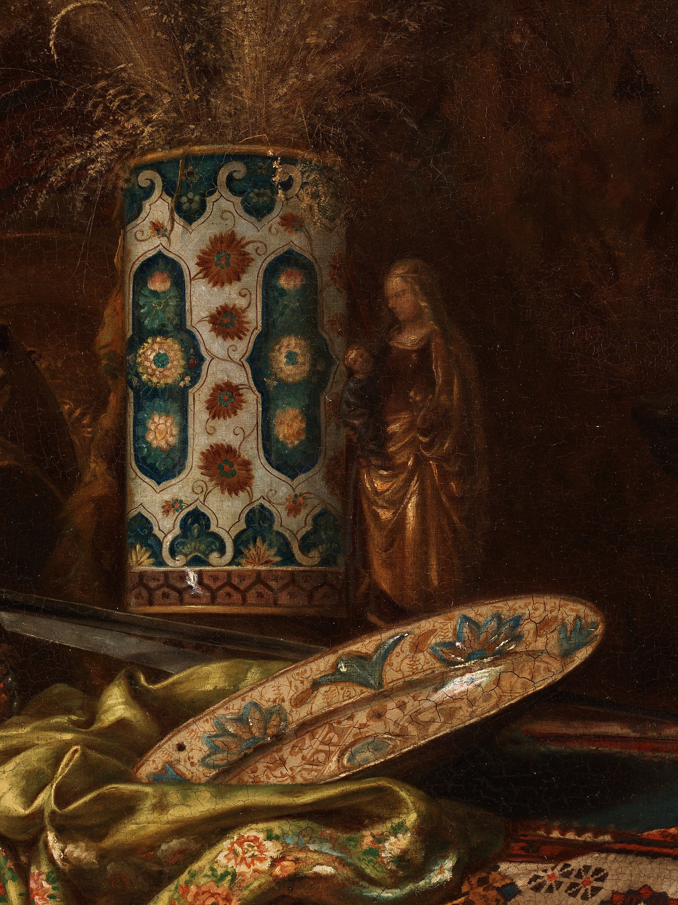 Benjamin Auguste Louis Damman, Still lite with carpets, urn and sword ...