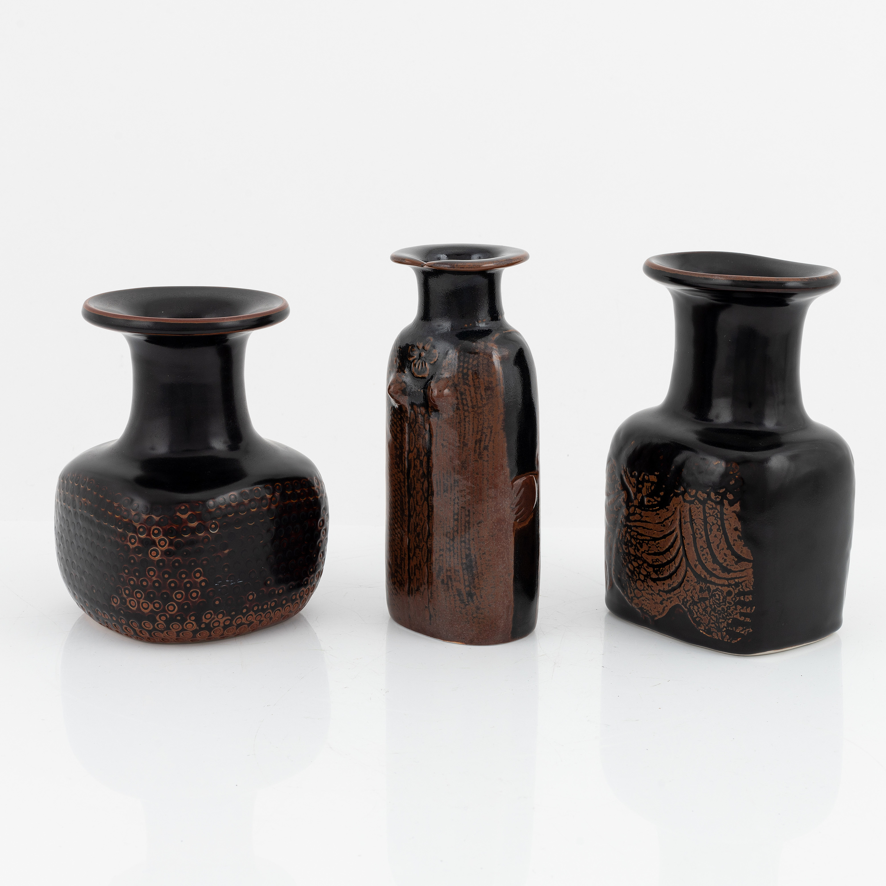 Stig Lindberg, three stoneware vases, Gustavsberg, studio, 1975-78 ...