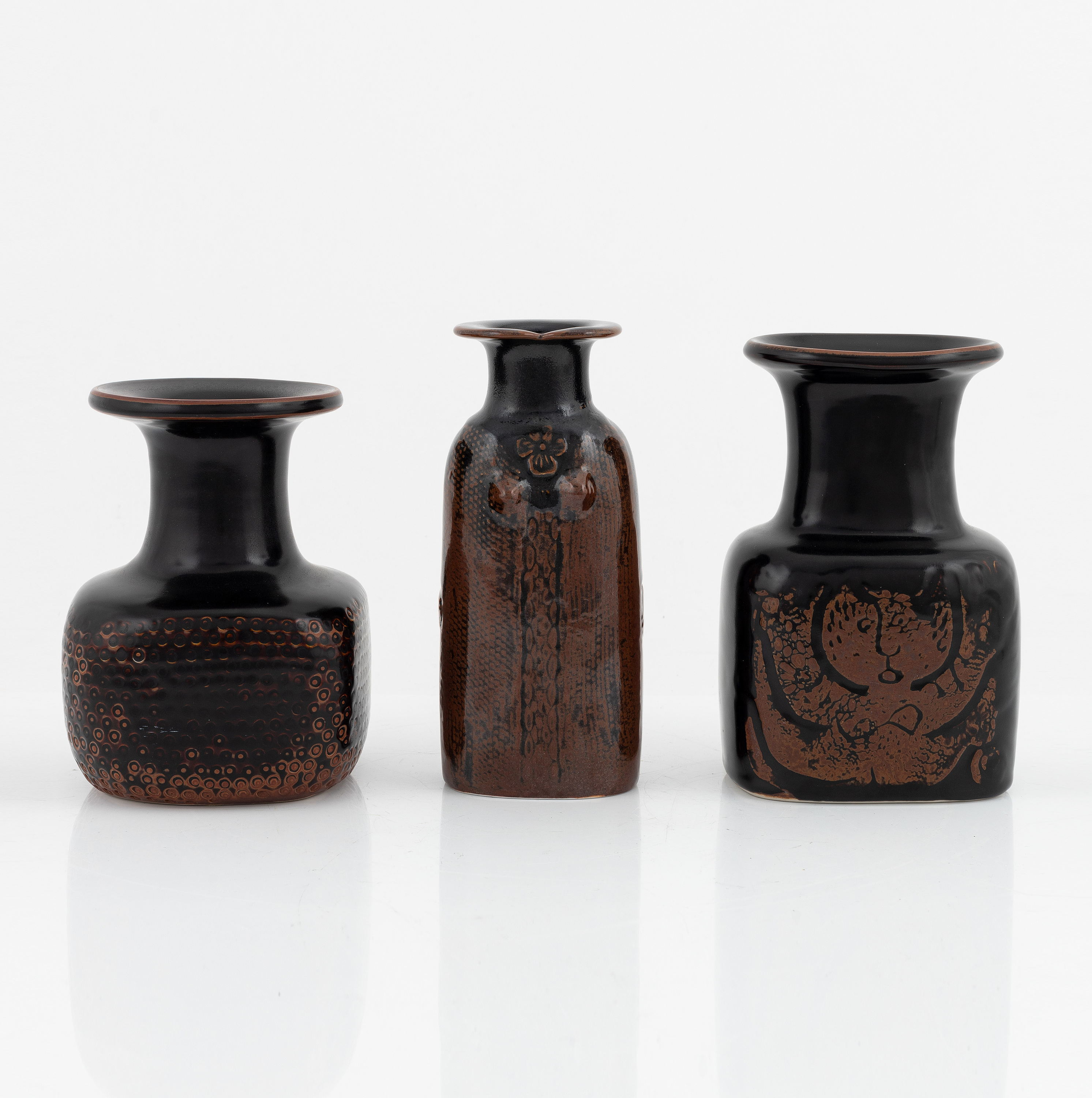 Stig Lindberg, three stoneware vases, Gustavsberg, studio, 1975-78 ...