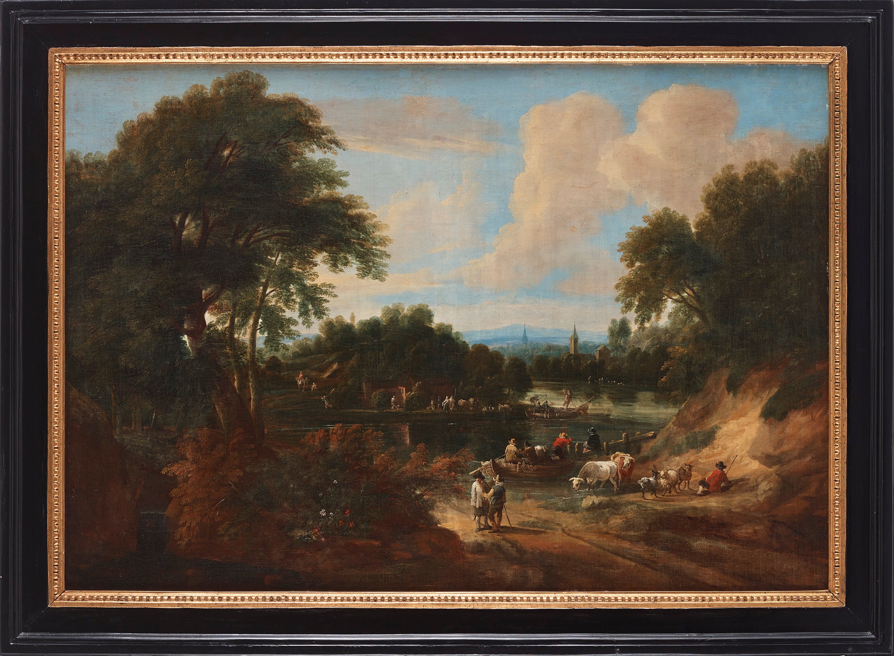 Gaspar de Witte Circle of, Extensive landscapes with figures beside a ...