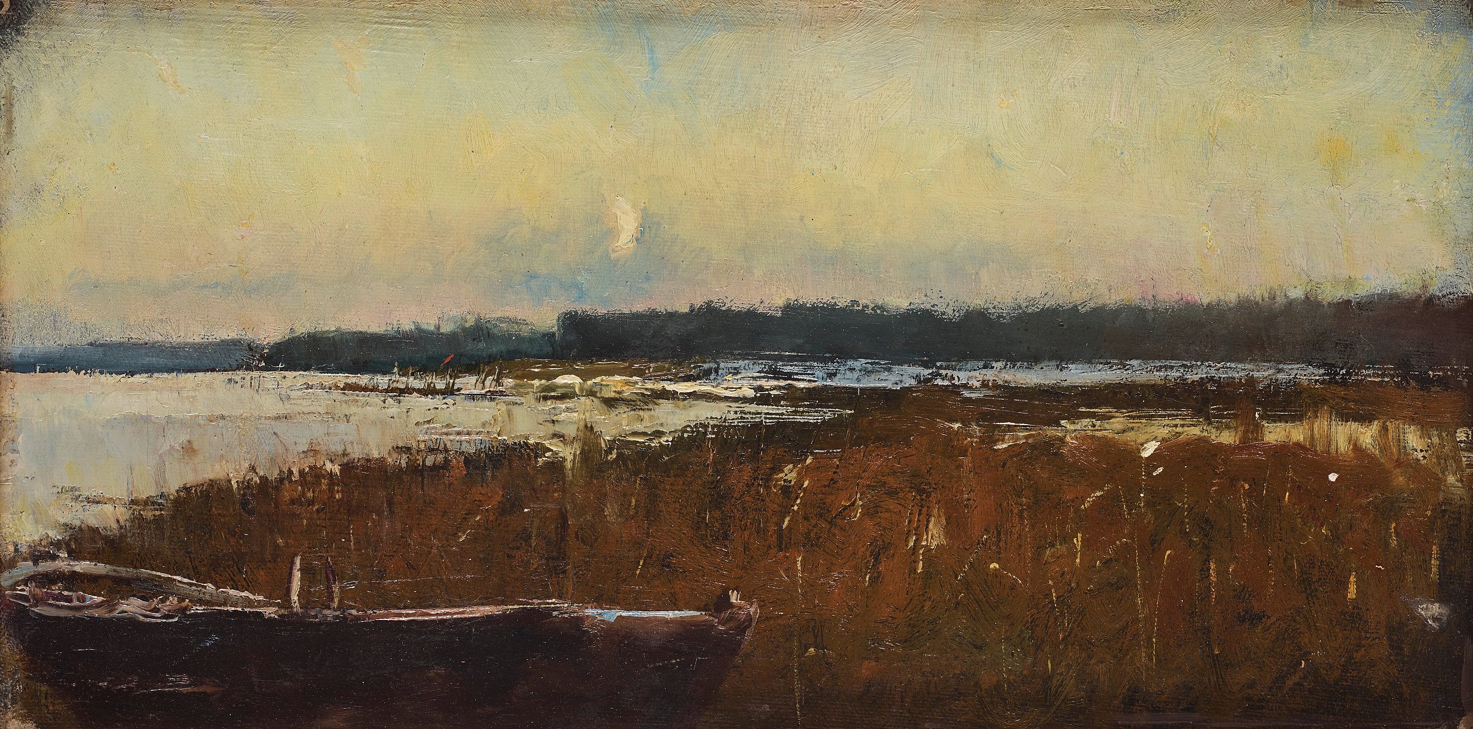 Maria Wiik, Skymningslandskap med uppdragen båt. - Bukowskis