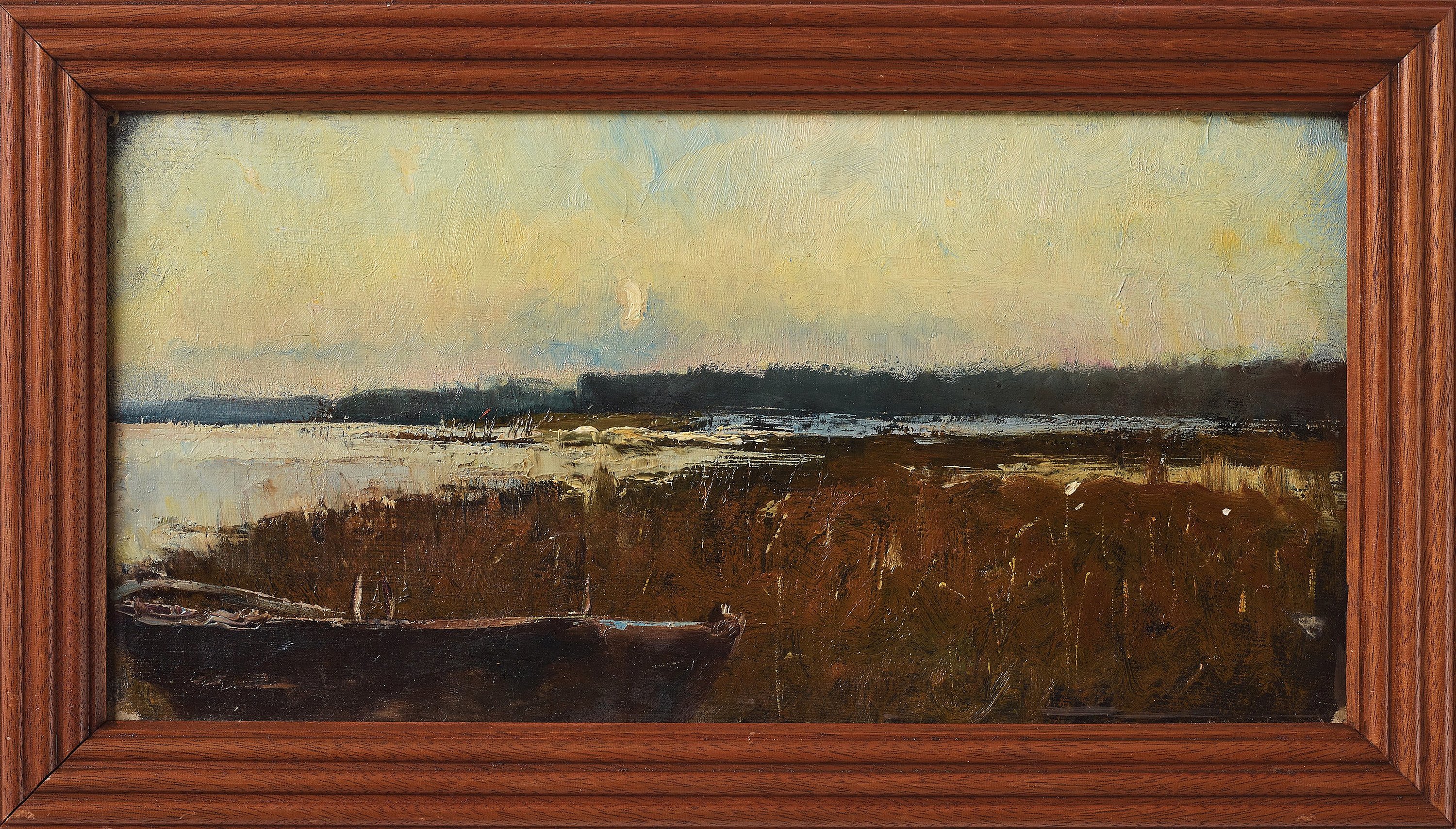 Maria Wiik, Skymningslandskap med uppdragen båt. - Bukowskis